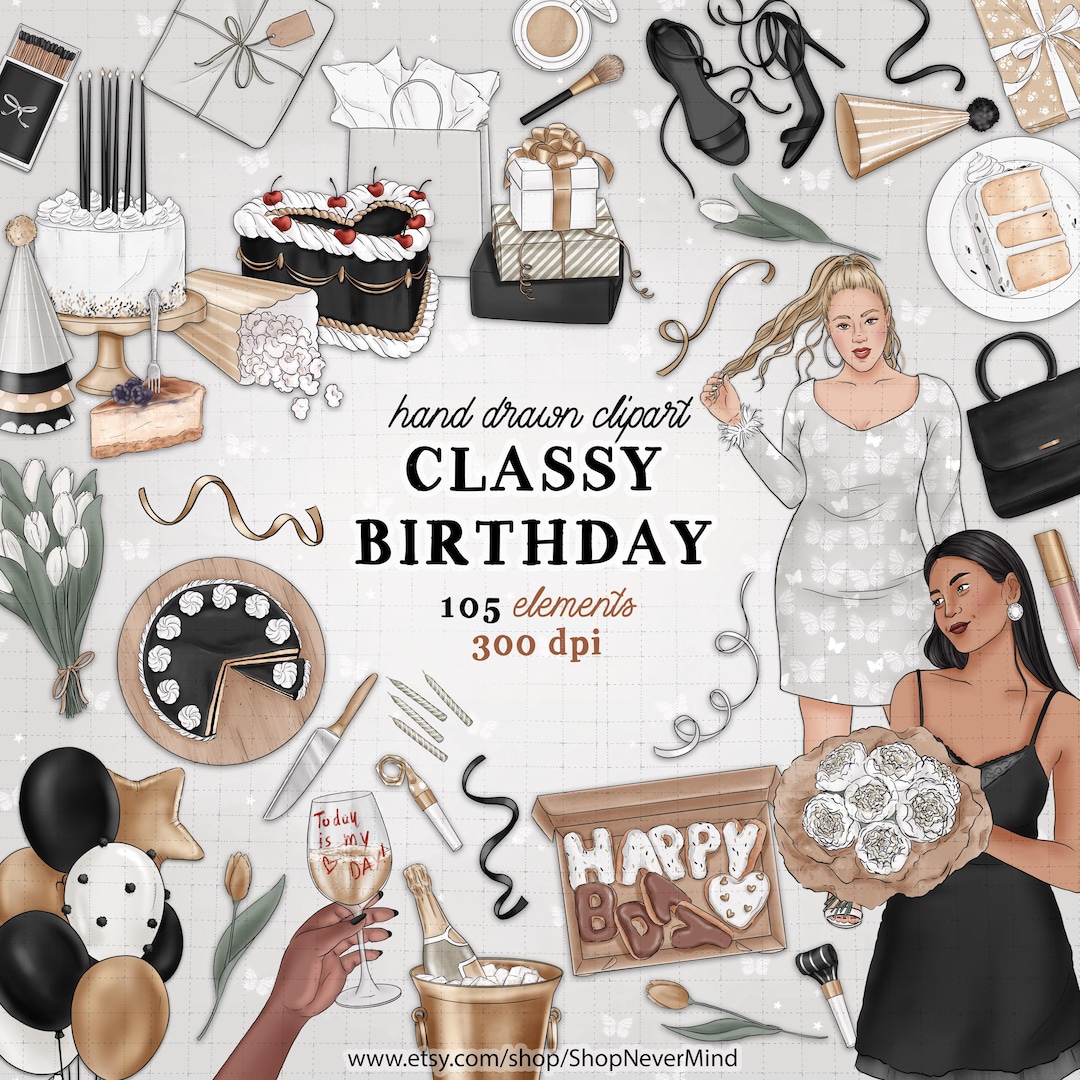 Birthday Clipart Kit Classy Black and Gold Birthday Party Clipart ...