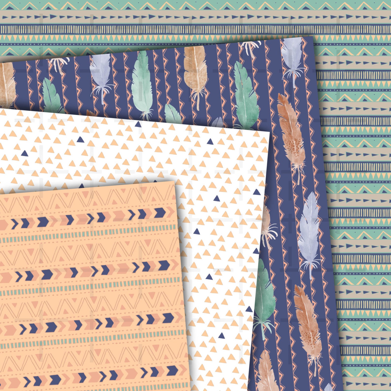 Tribal Feathers Digital Paper Pack Pastel Tribal Digital | Etsy