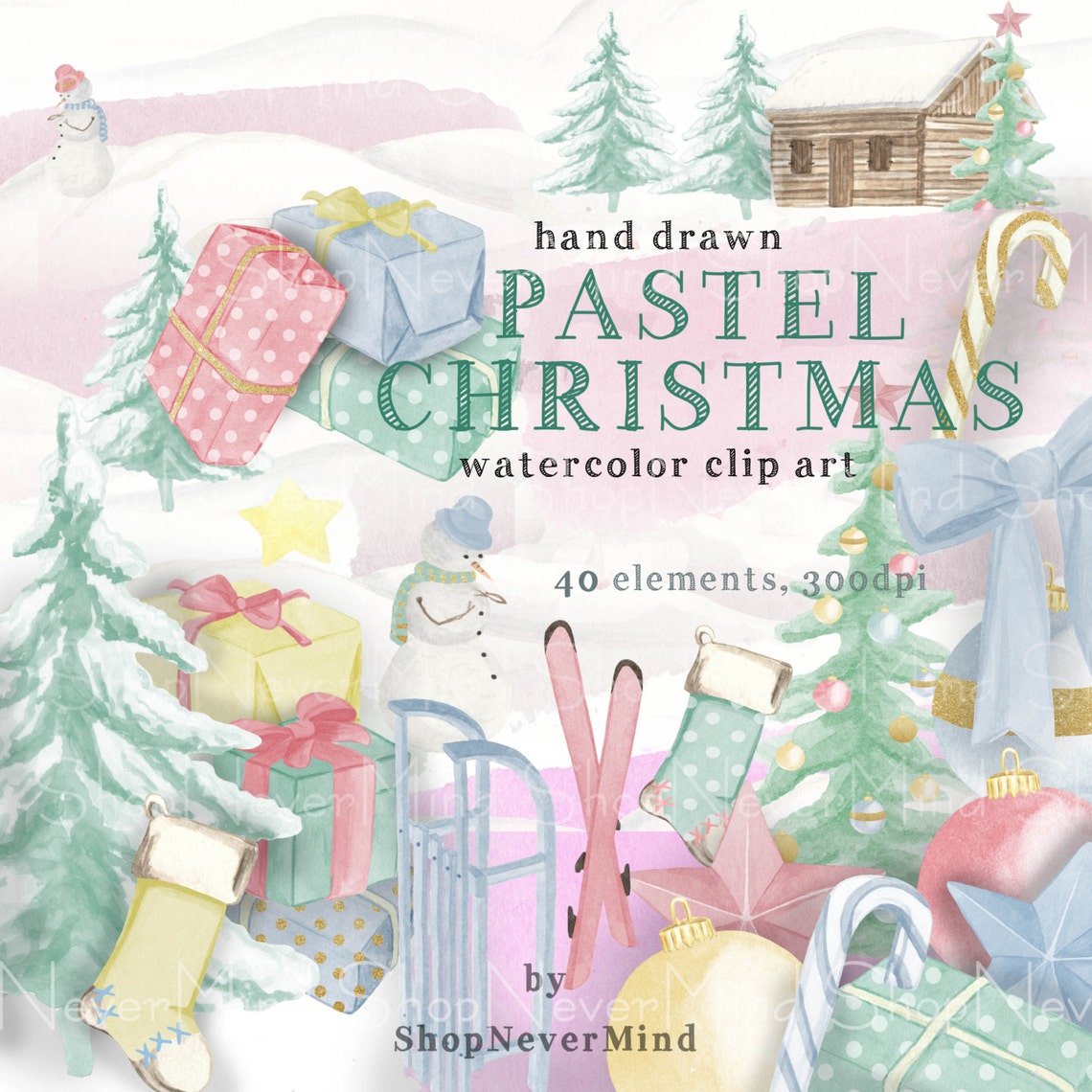 Pastel Christmas Clip Art Set Watercolor Pastel Winter Clipart - Etsy