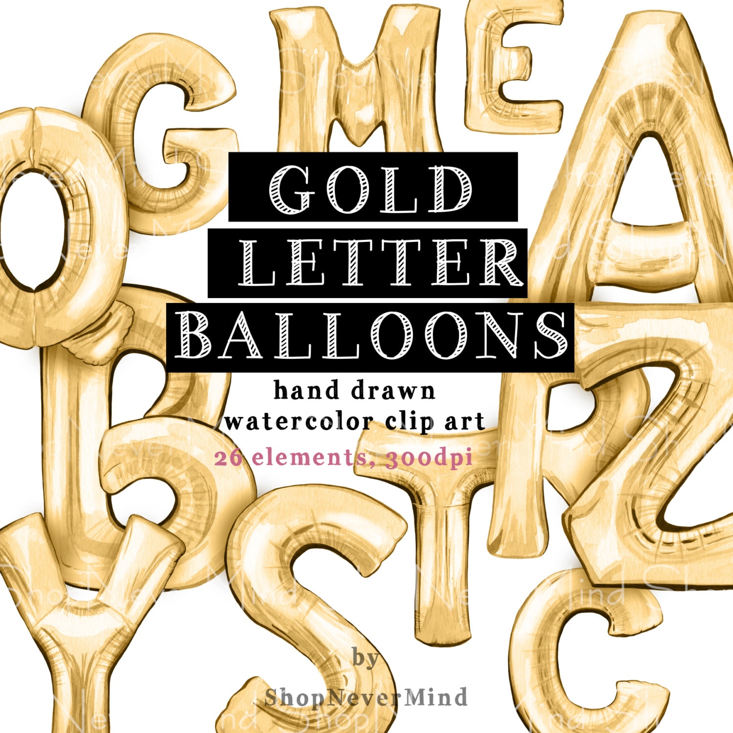 Gold Letter Balloons clipart digital watercolor gold birthday | Etsy