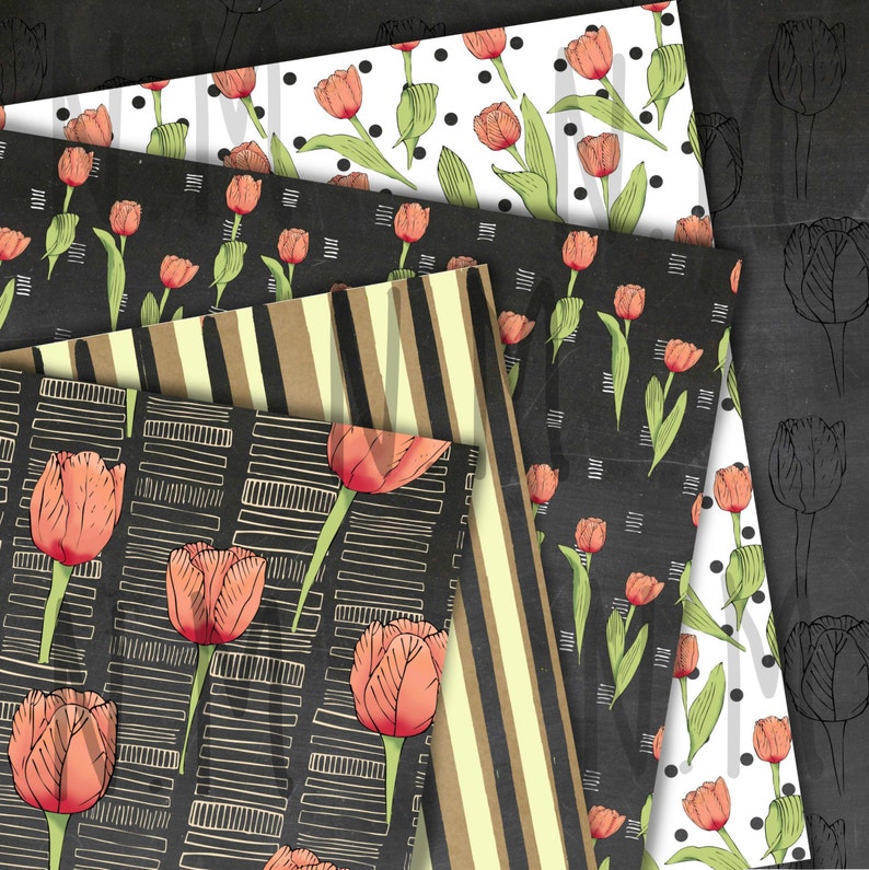 Chalkboard Digital Paper Pack Pink Tulips Digital Pattern | Etsy