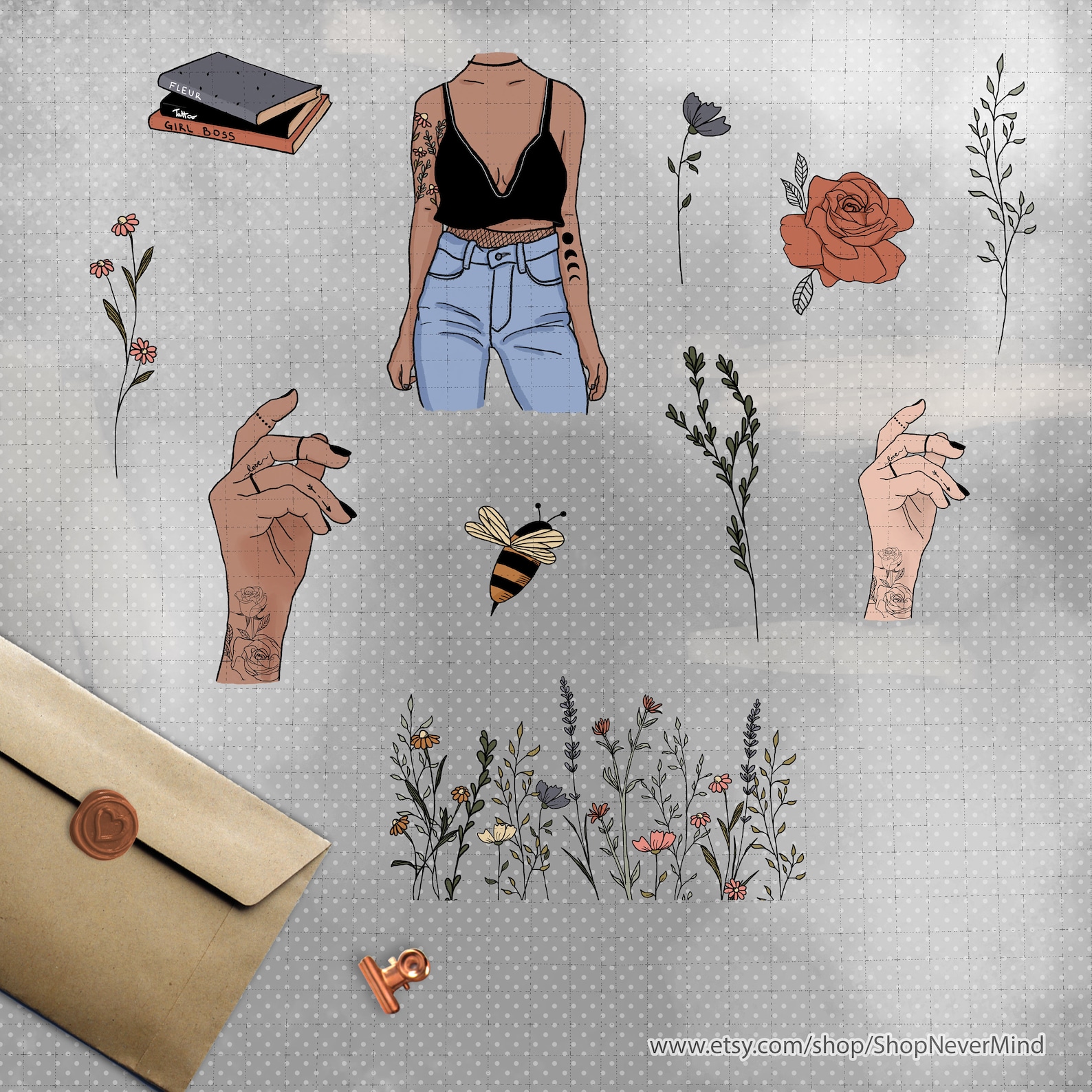 Flowers Clipart Kit Commercial Use Floral Tattoos Fashion - Etsy