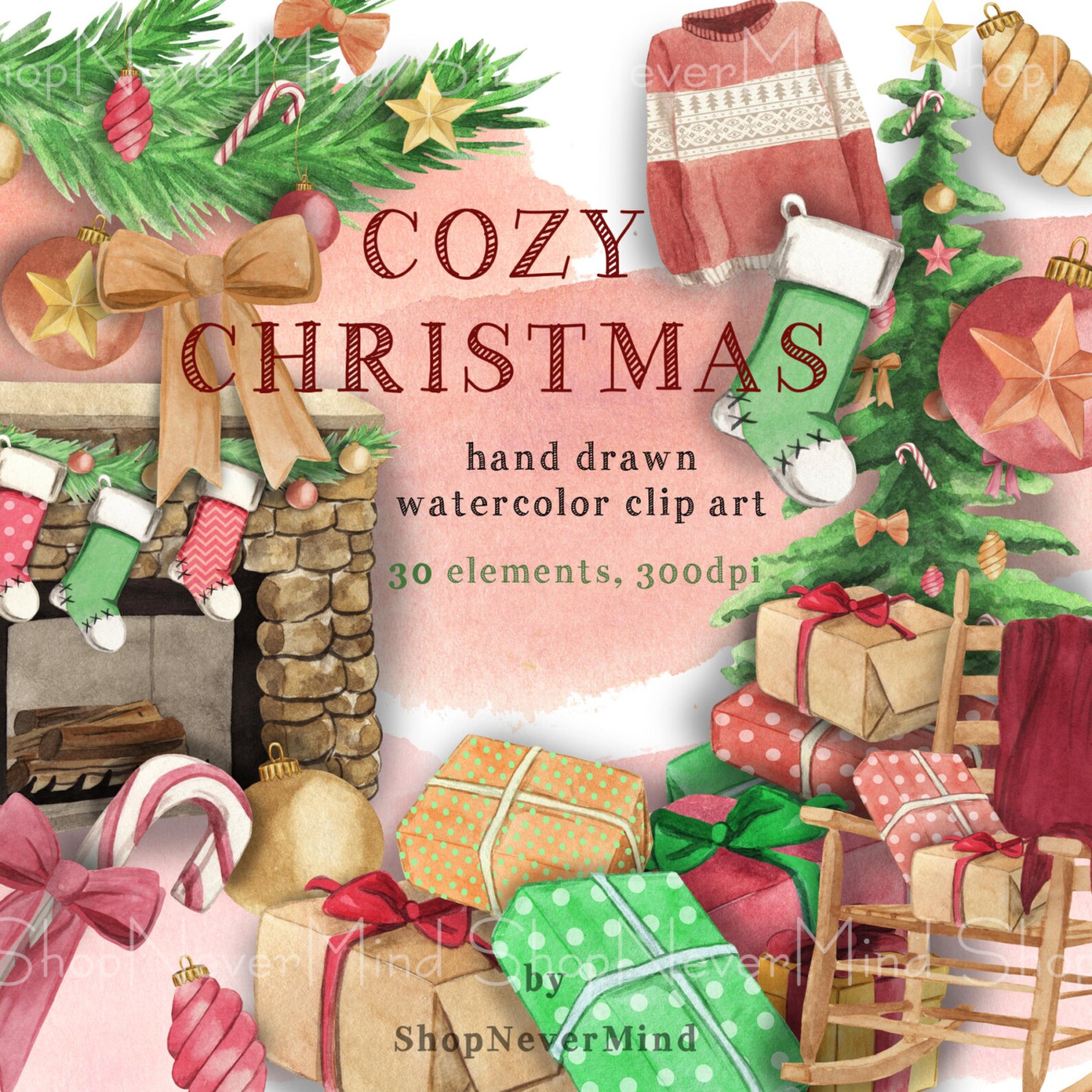 Christmas Clipart Set Watercolor Classic Christmas Clip Art - Etsy