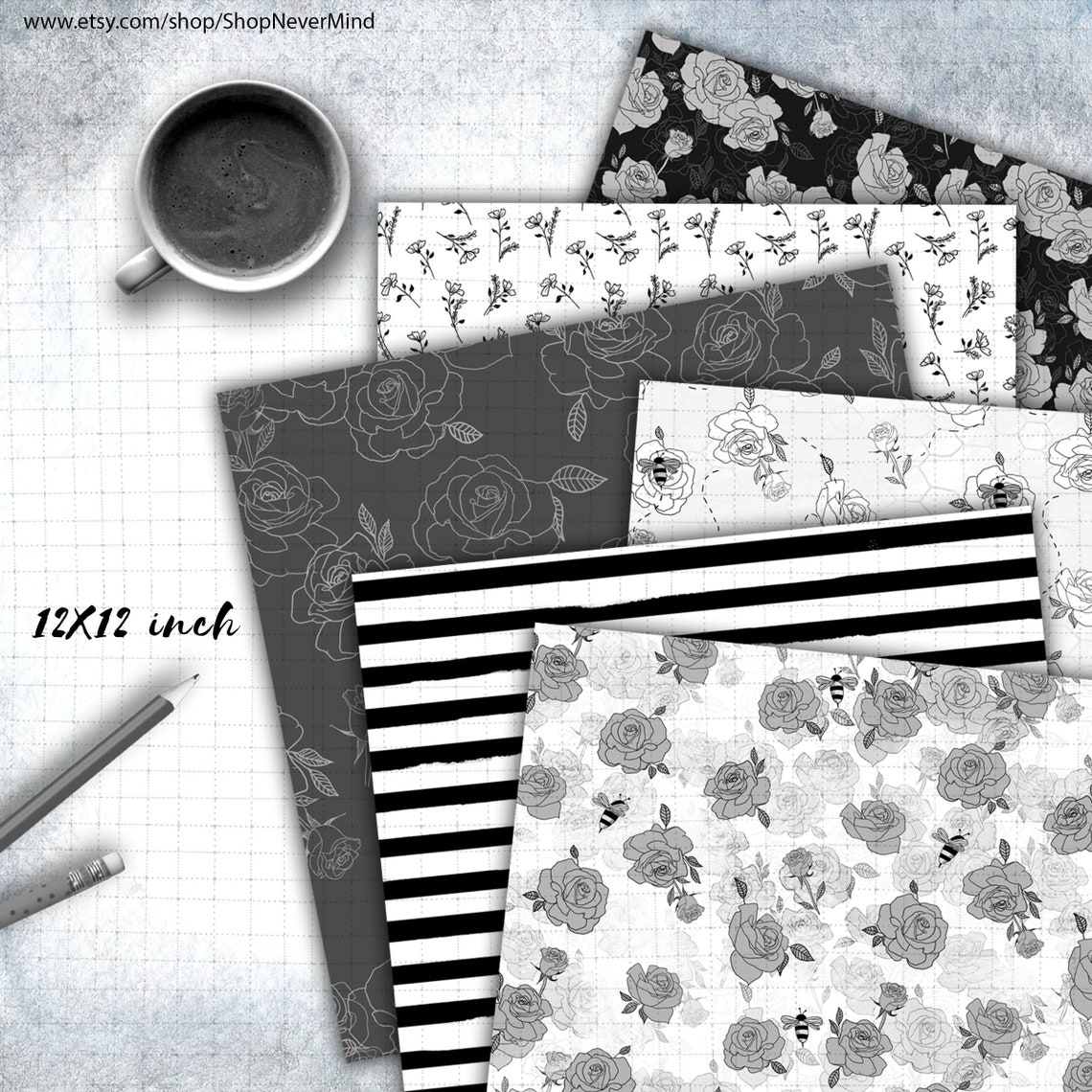 Black and White Flowers Digital Paper Pack Commercial Use - Etsy