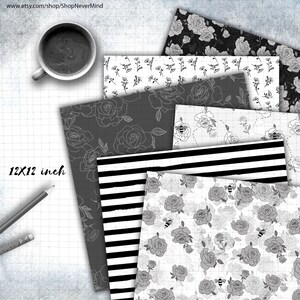Black and White Flowers Digital Paper Pack Commercial Use Floral ...