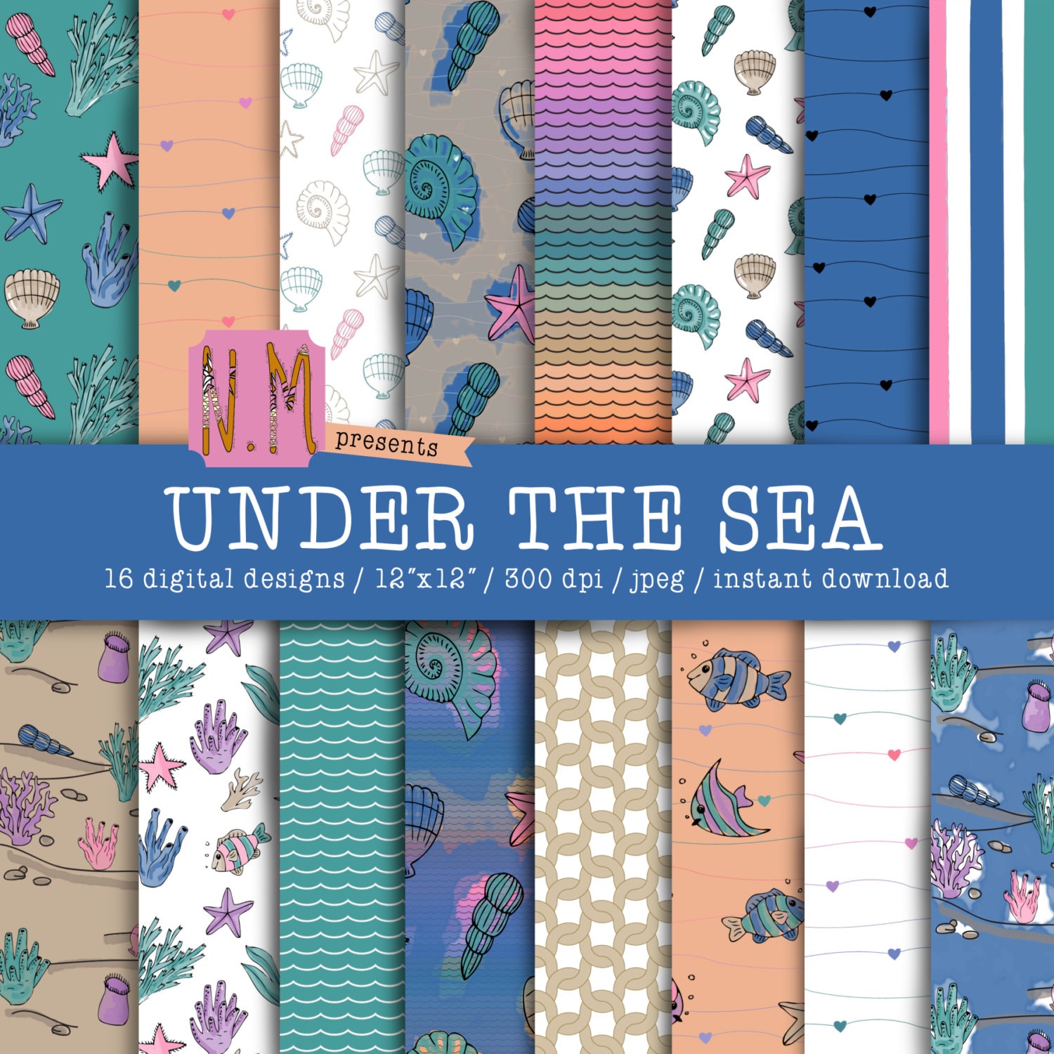 Sea digital paper pack sea digital pattern cute navy blue pink | Etsy