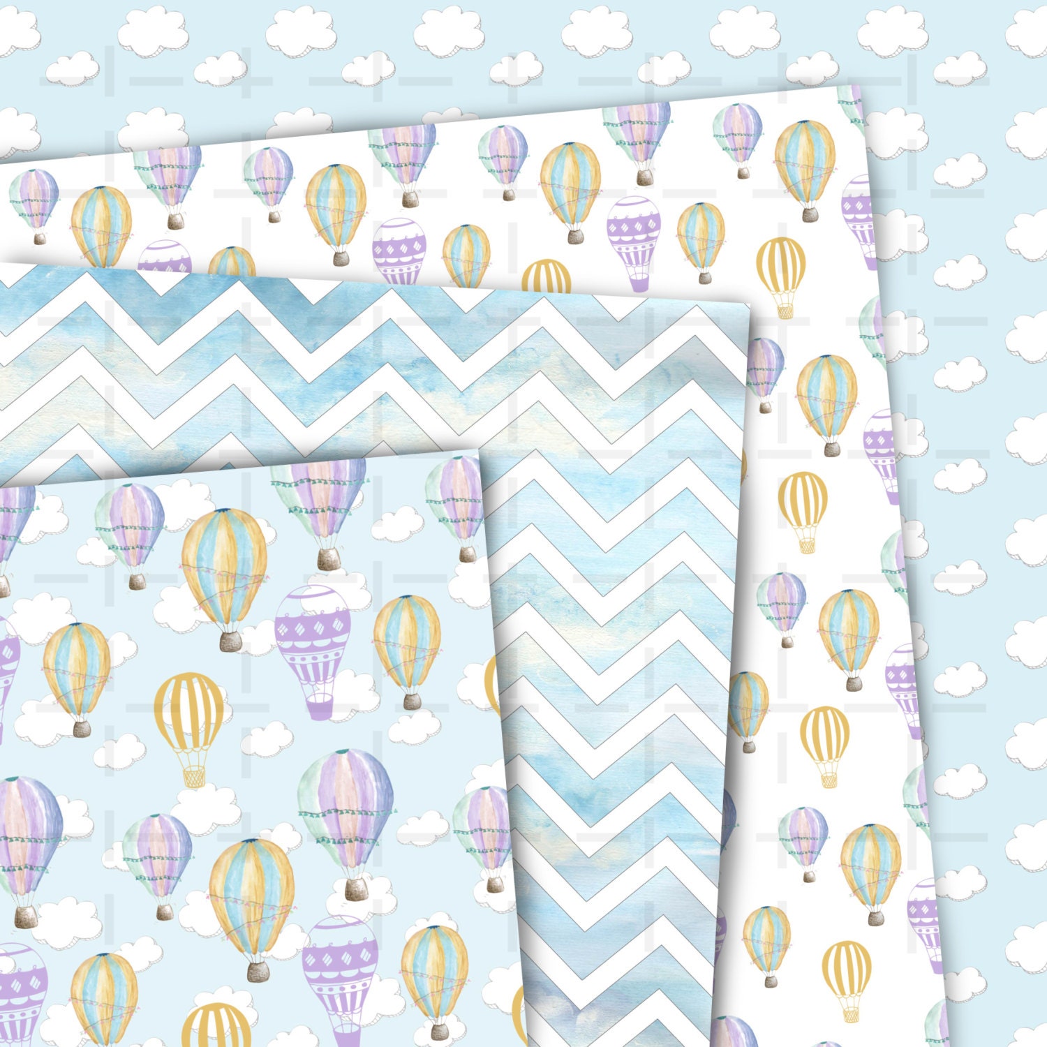 Hot Air Balloon Digital Paper Pack Watercolor Sky Kite Hot Air - Etsy