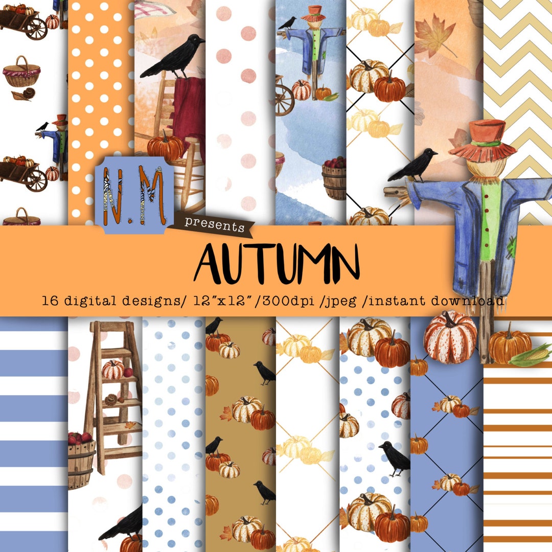 Autumn Digital Paper Pack Watercolor Fall Digital Pattern Orange Brown ...