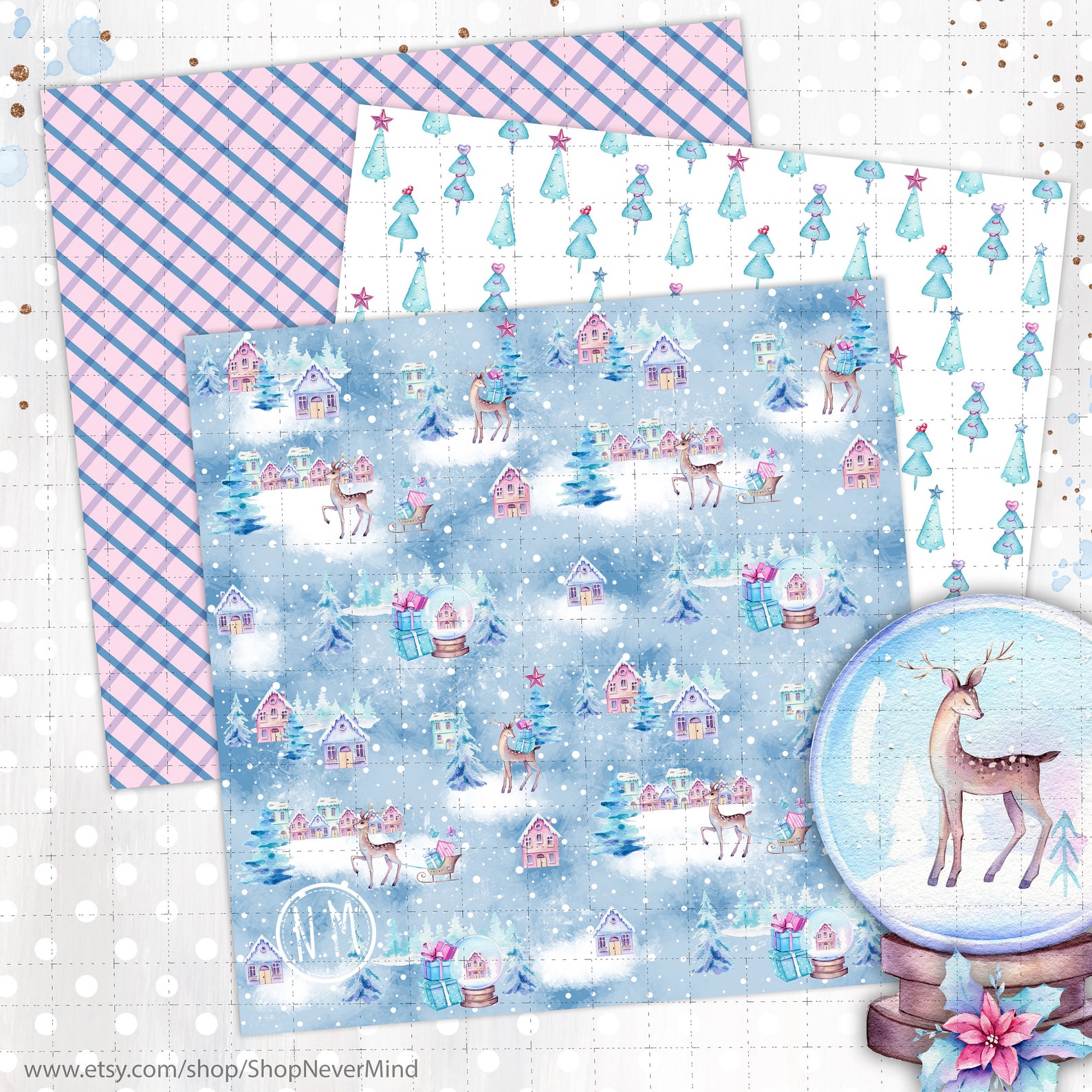 Pink Christmas Digital Paper Pack Snowglobe Winter Digital Pattern ...