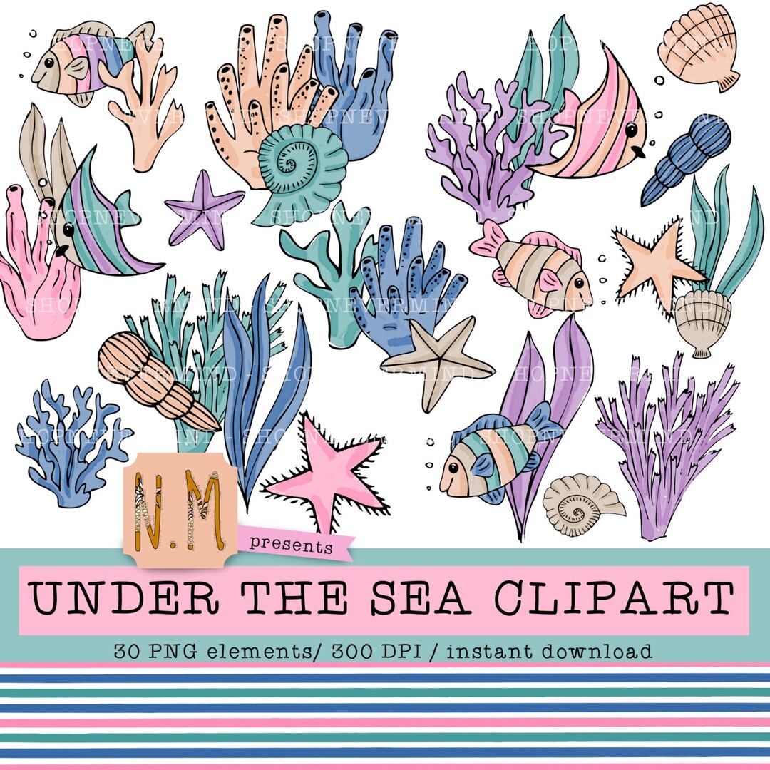 Sea Clipart Set Under the Sea Decorative Clip Art Navy Blue Beige Green ...