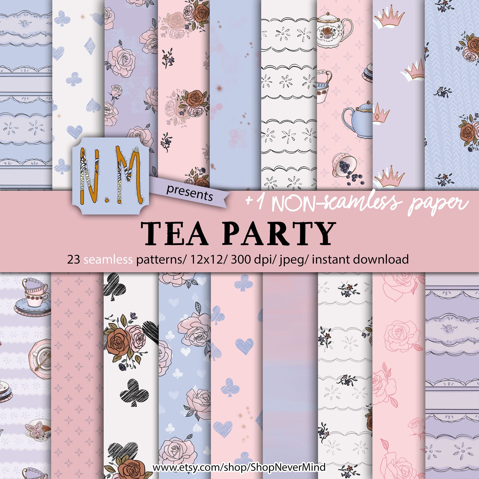 Tea Party Digital Paper Pack Pink Tea Party Digital Pattern - Etsy