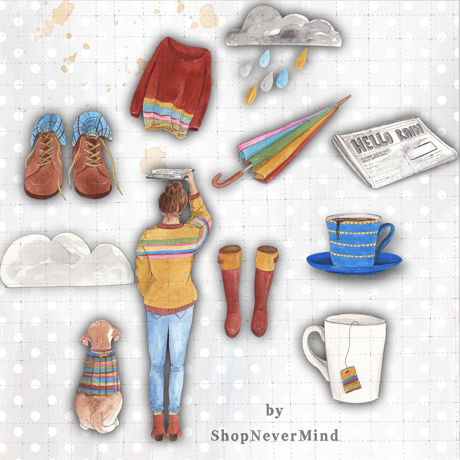 Rainy Days Clipart Set Watercolor Rain Clouds Sky Fall | Etsy