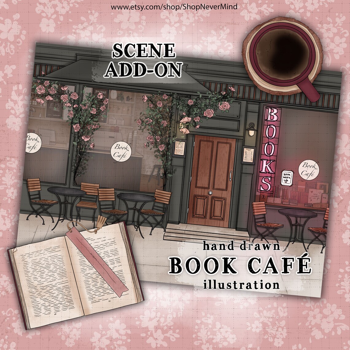 Coffee Shop Scene Illustration Book Cafe Scene Commercial Use - Etsy