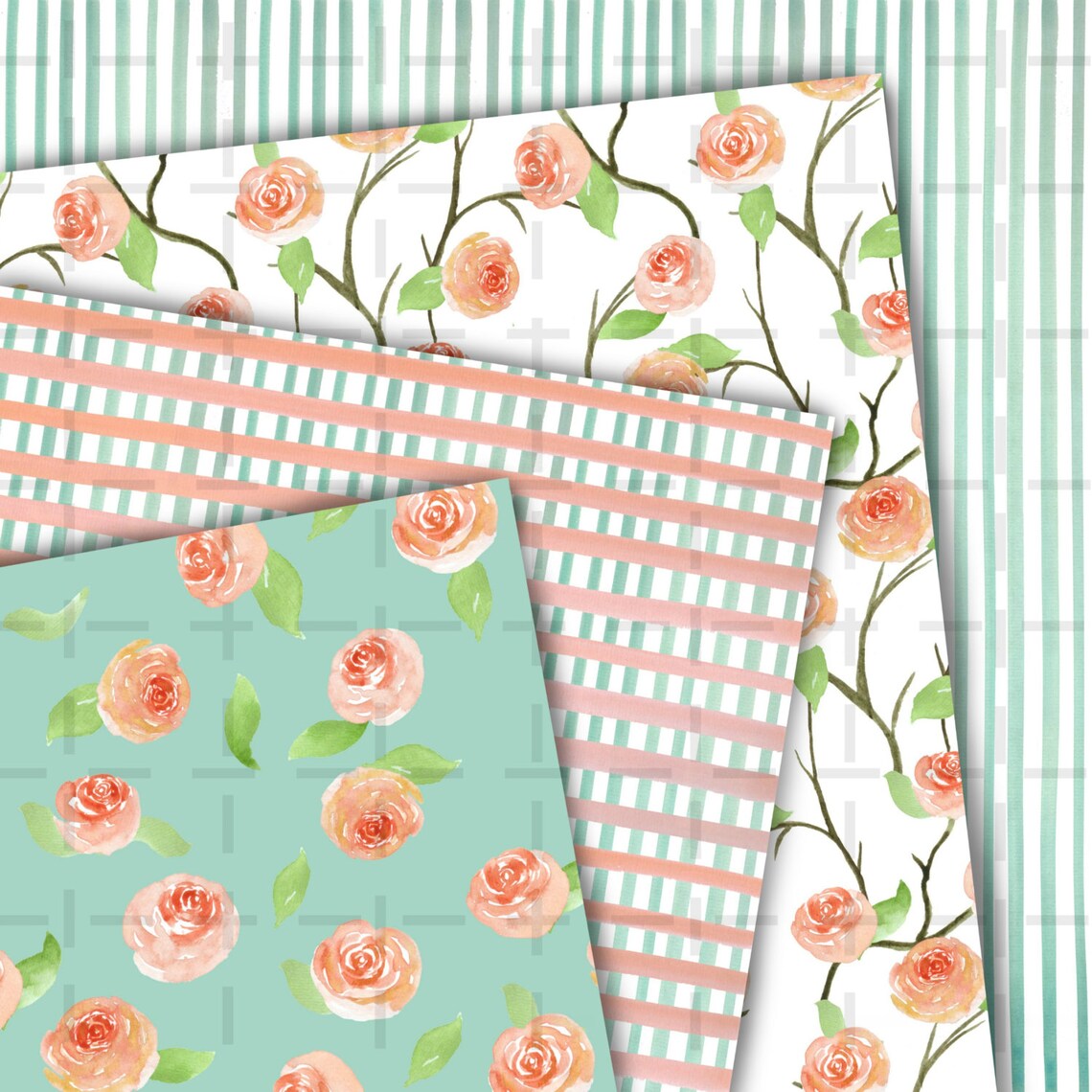 Watercolor Roses Digital Paper Pack Hand Drawn Watercolor | Etsy