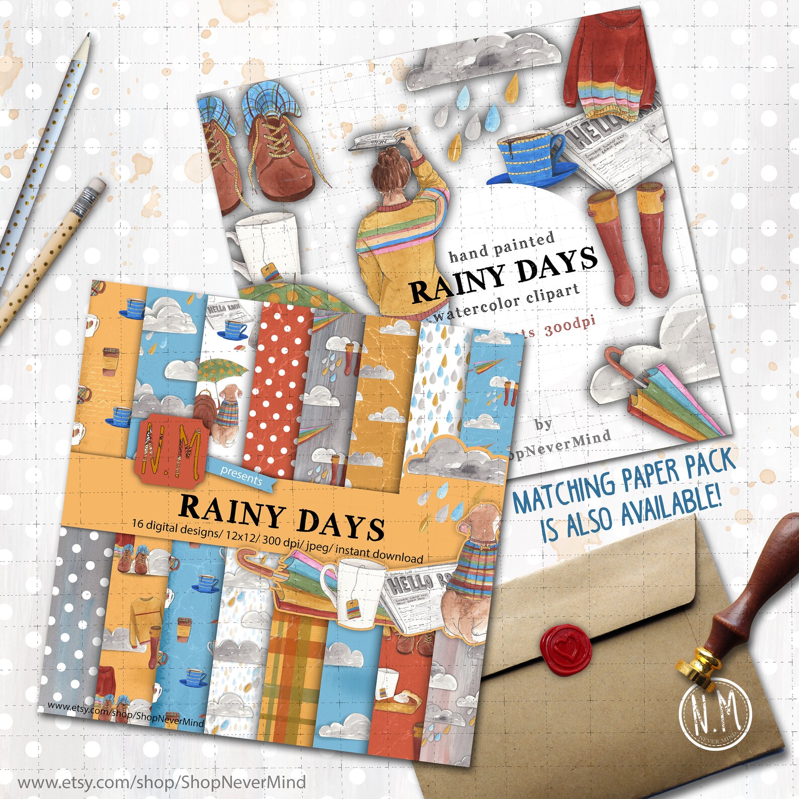 Rainy Days Clipart Set Watercolor Rain Clouds Sky Fall | Etsy