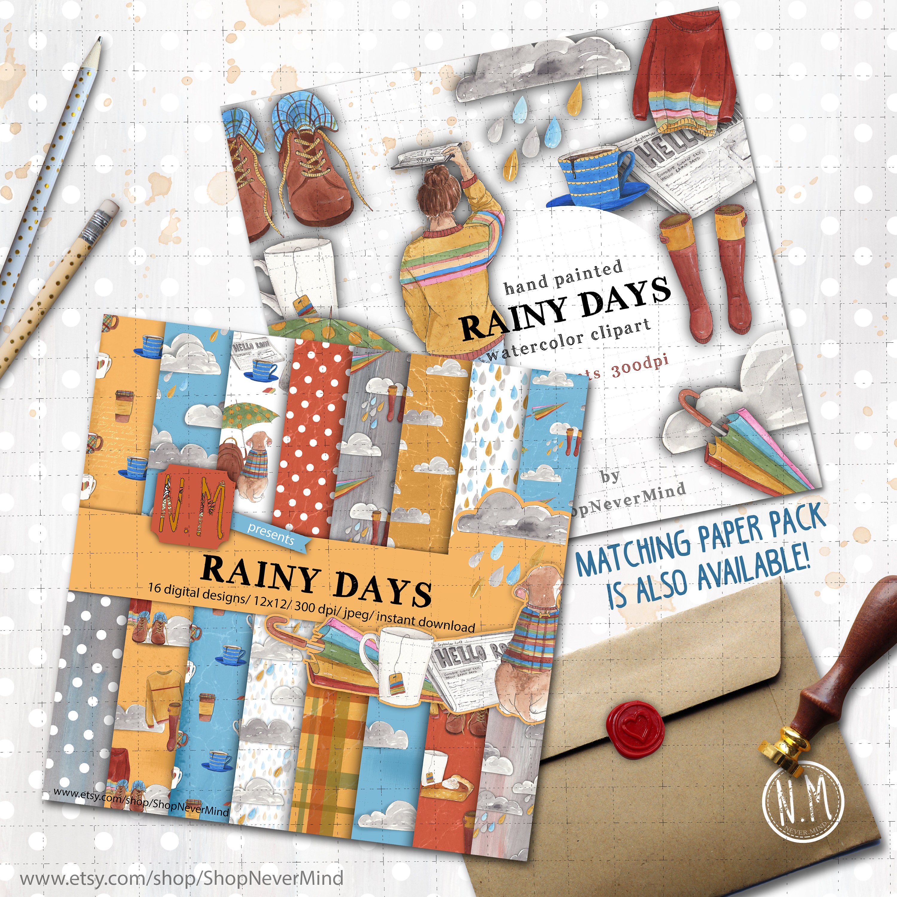 Rainy Days Clipart Set Watercolor Rain Clouds Sky Fall - Etsy