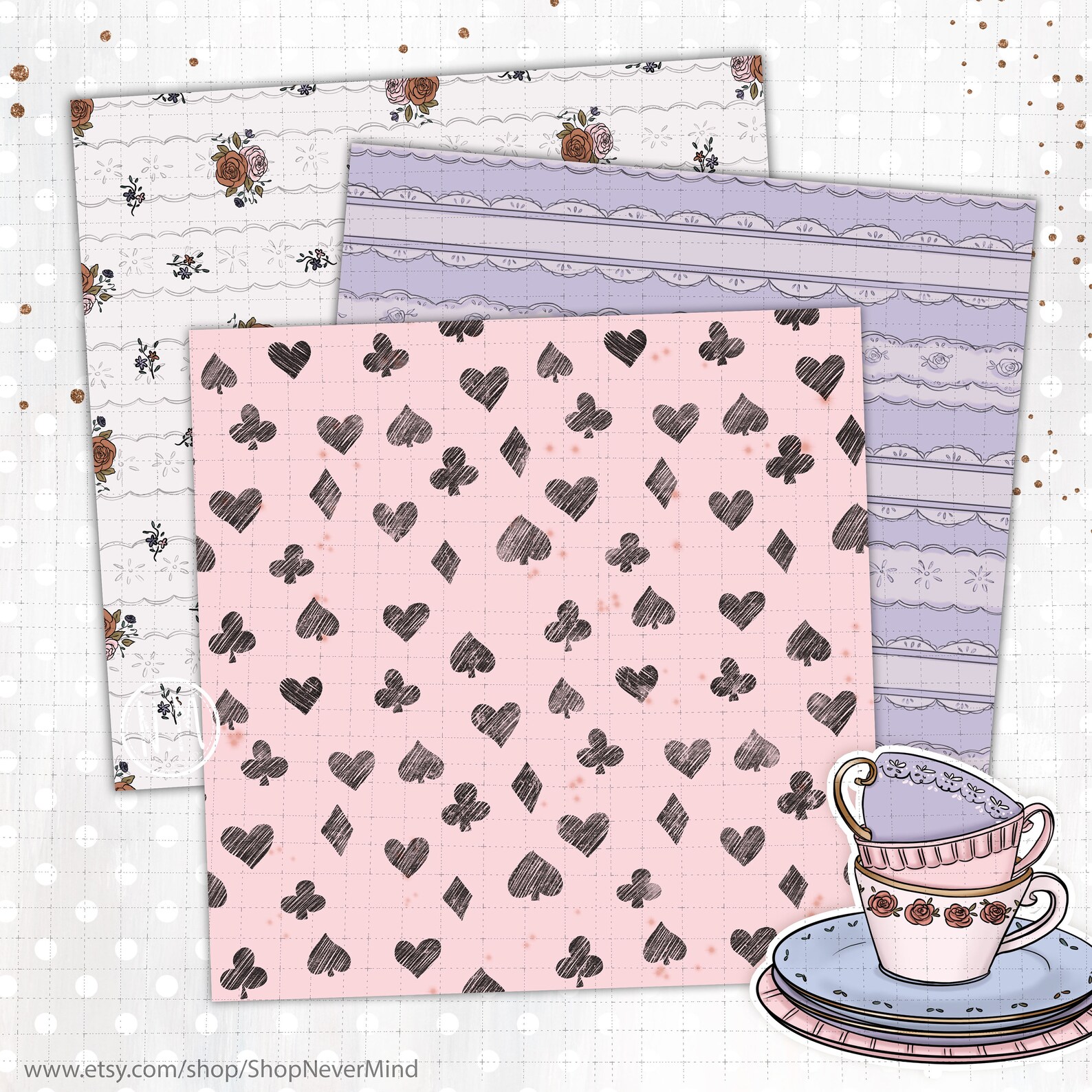 Tea Party Digital Paper Pack Pink Tea Party Digital Pattern - Etsy