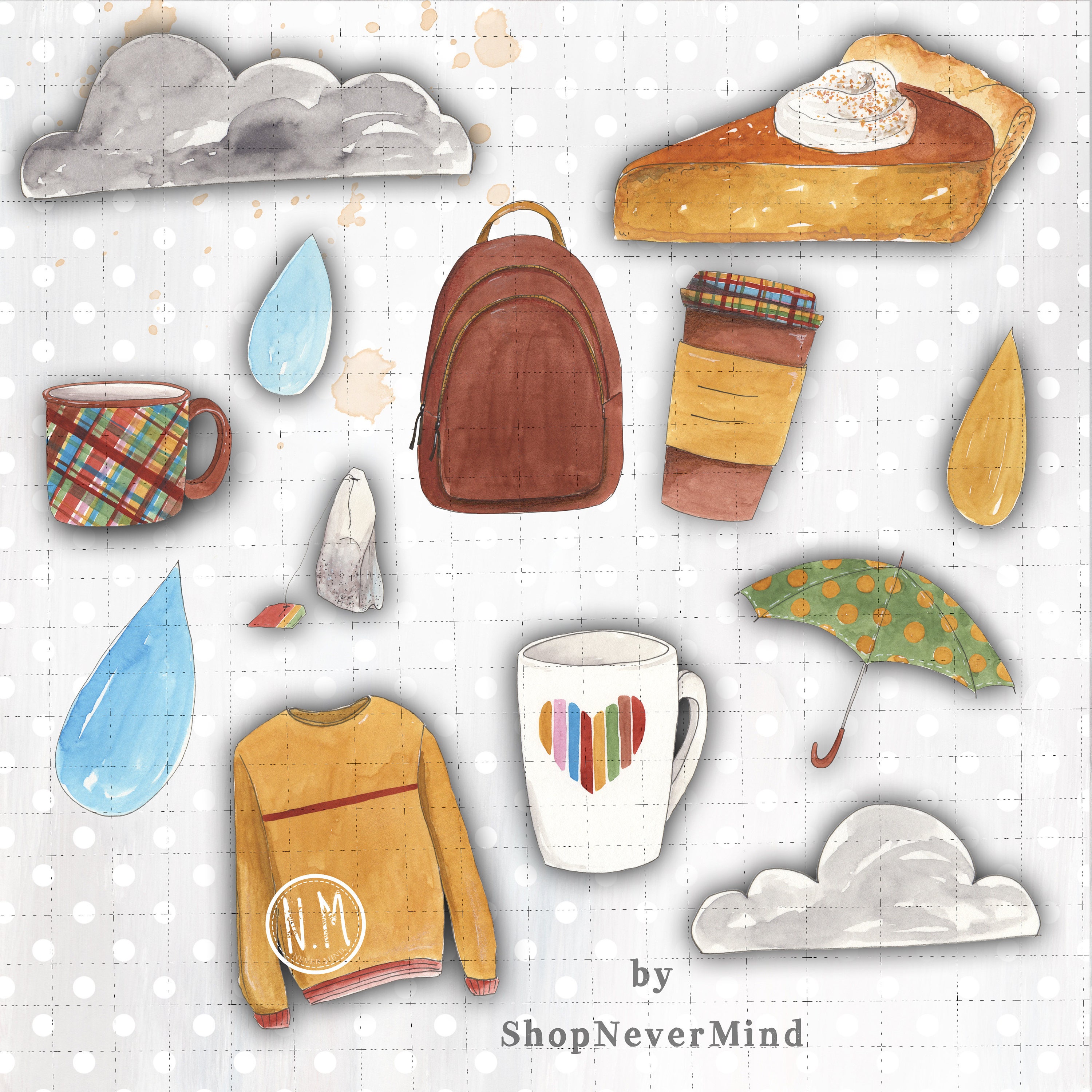 Rainy Days Clipart Set Watercolor Rain Clouds Sky Fall | Etsy