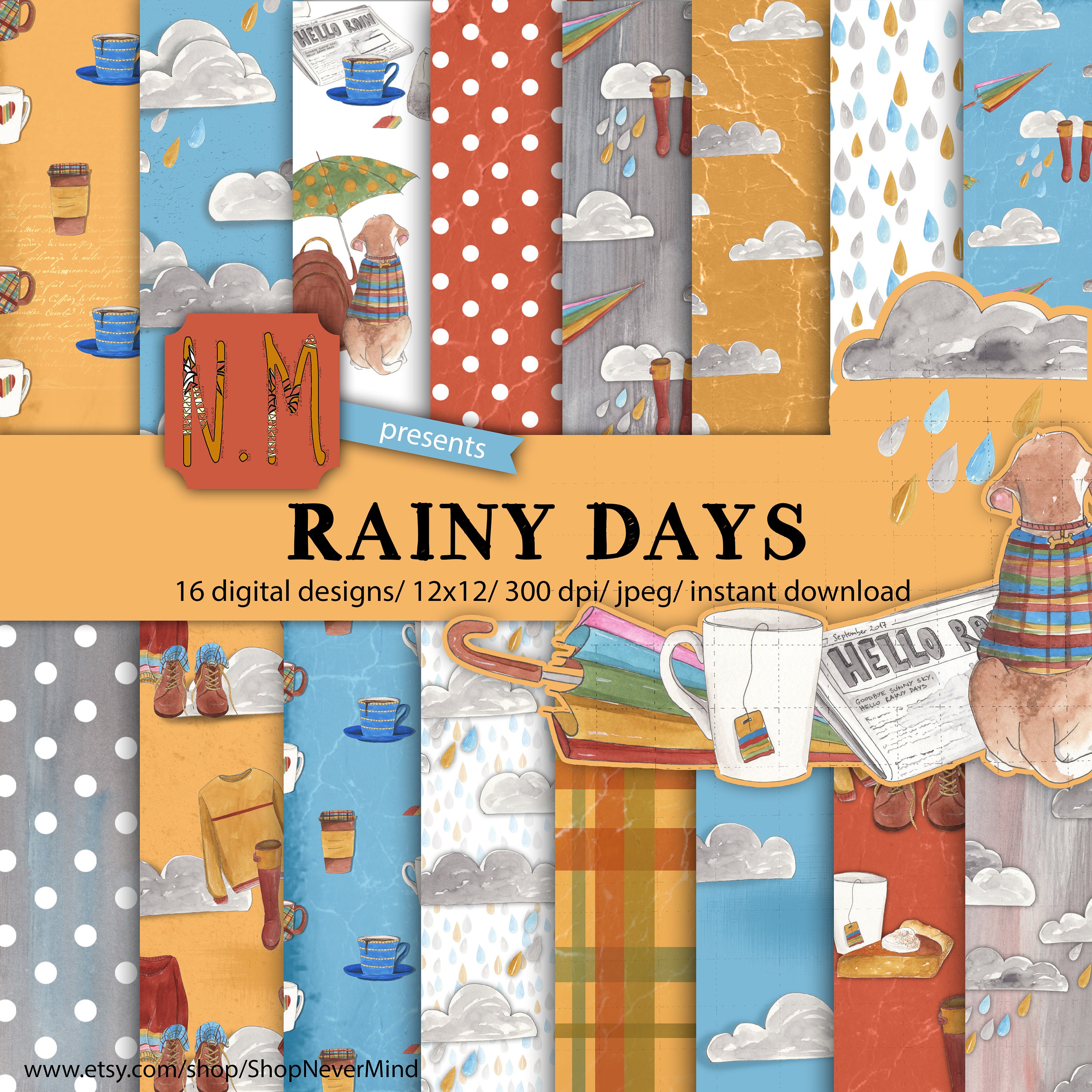 Rainy Days Digital Paper Pack Fall Watercolor Pattern Clouds | Etsy