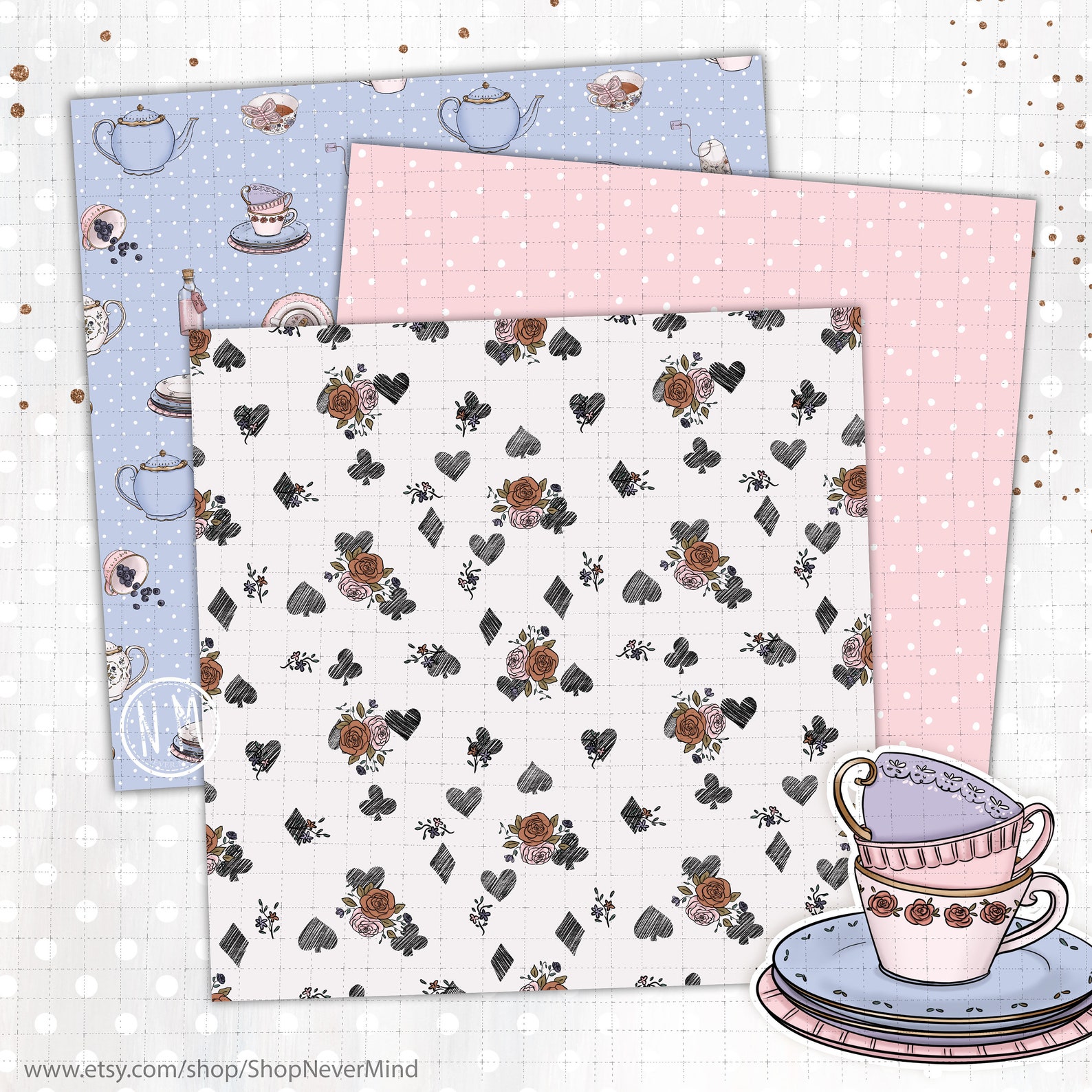 Tea Party Digital Paper Pack Pink Tea Party Digital Pattern - Etsy