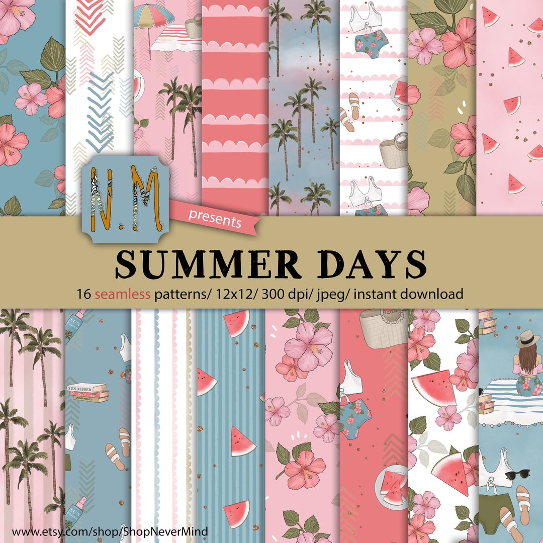 Summer Digital Paper Pack Beach Palm Trees Watermelon Fashion Girl ...