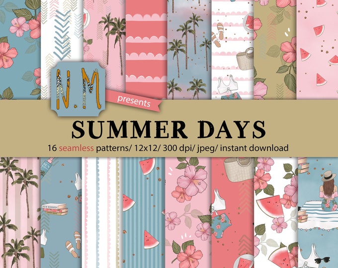 Summer Digital Paper Pack Beach Palm Trees Watermelon Fashion Girl ...