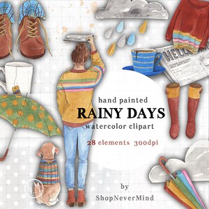 Rainy Days Clipart Set Watercolor Rain Clouds Sky Fall Sweather Weather ...