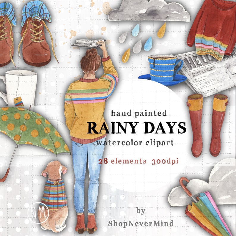 Rainy Days Clipart Set Watercolor Rain Clouds Sky Fall | Etsy