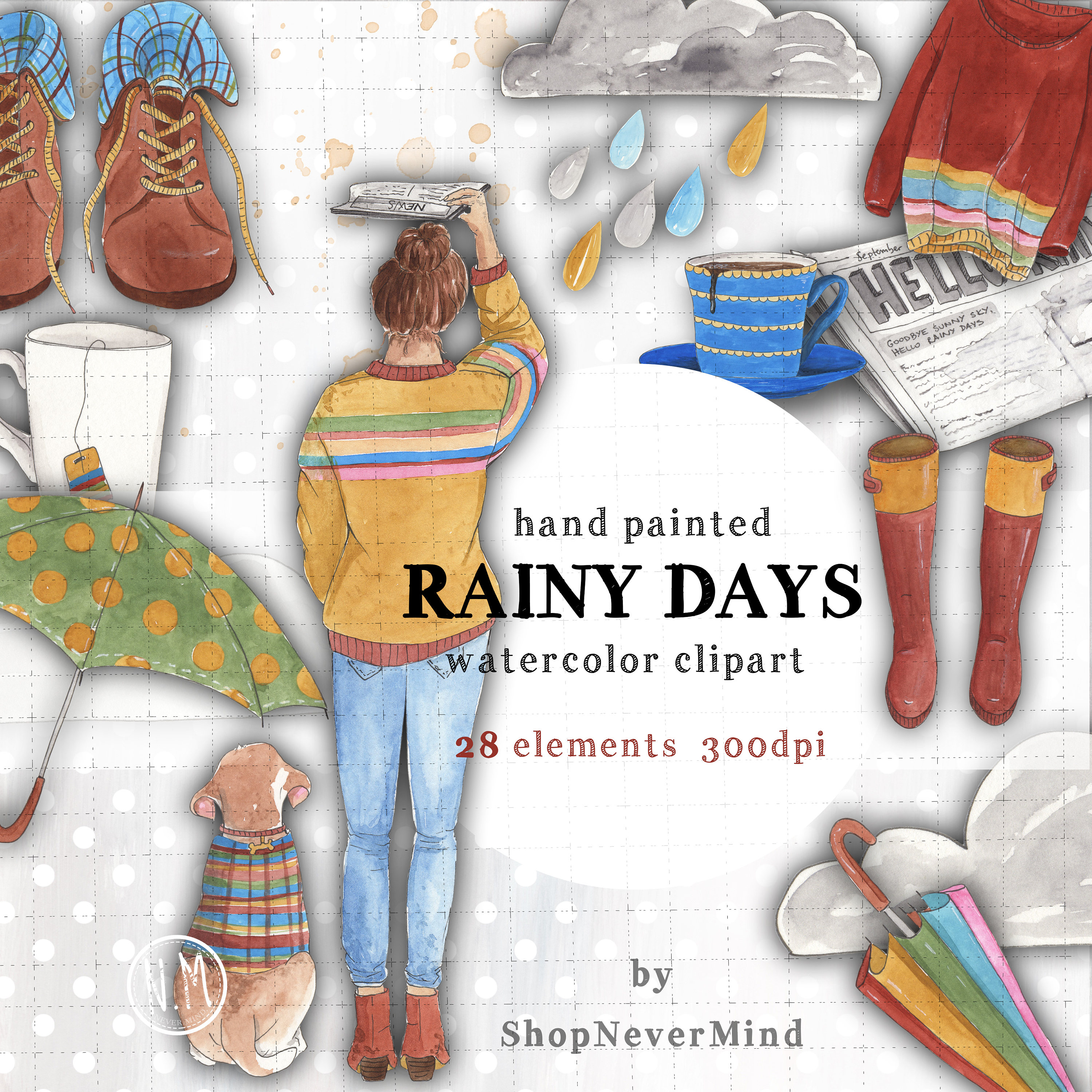 Rainy Days Clipart Set Watercolor Rain Clouds Sky Fall - Etsy