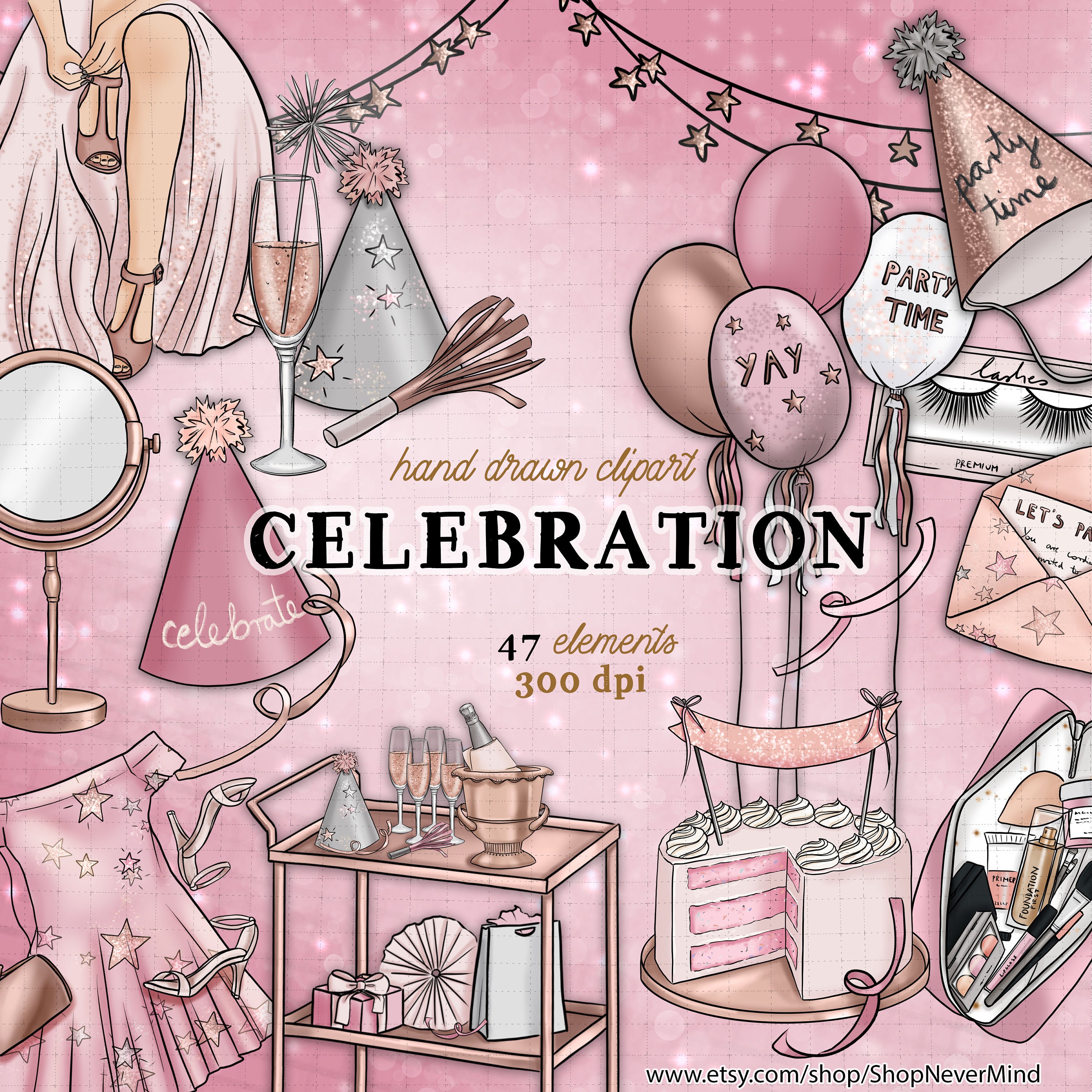 Birthday Clipart Kit Pink Birthday Party Clipart Rose Gold - Etsy