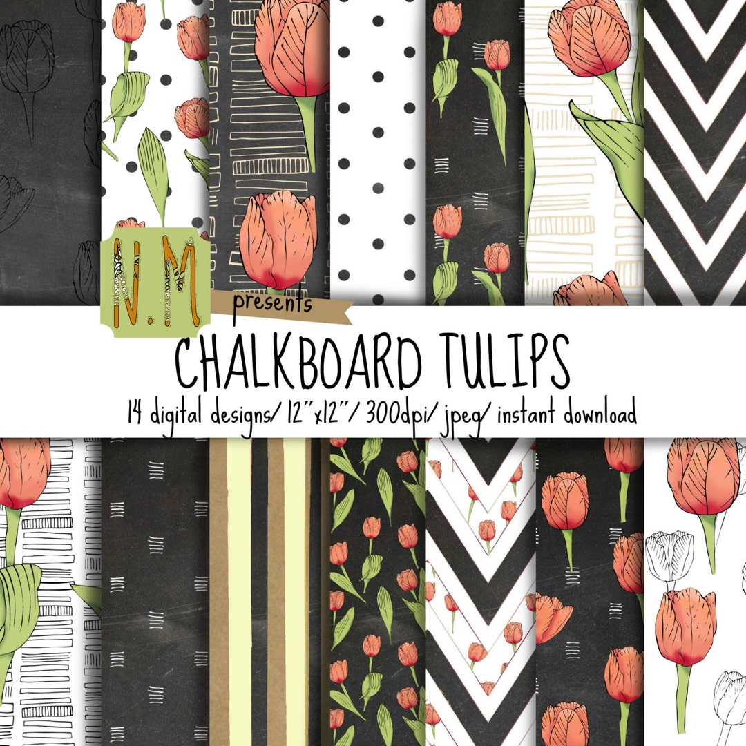 Chalkboard Digital Paper Pack Pink Tulips Digital Pattern - Etsy
