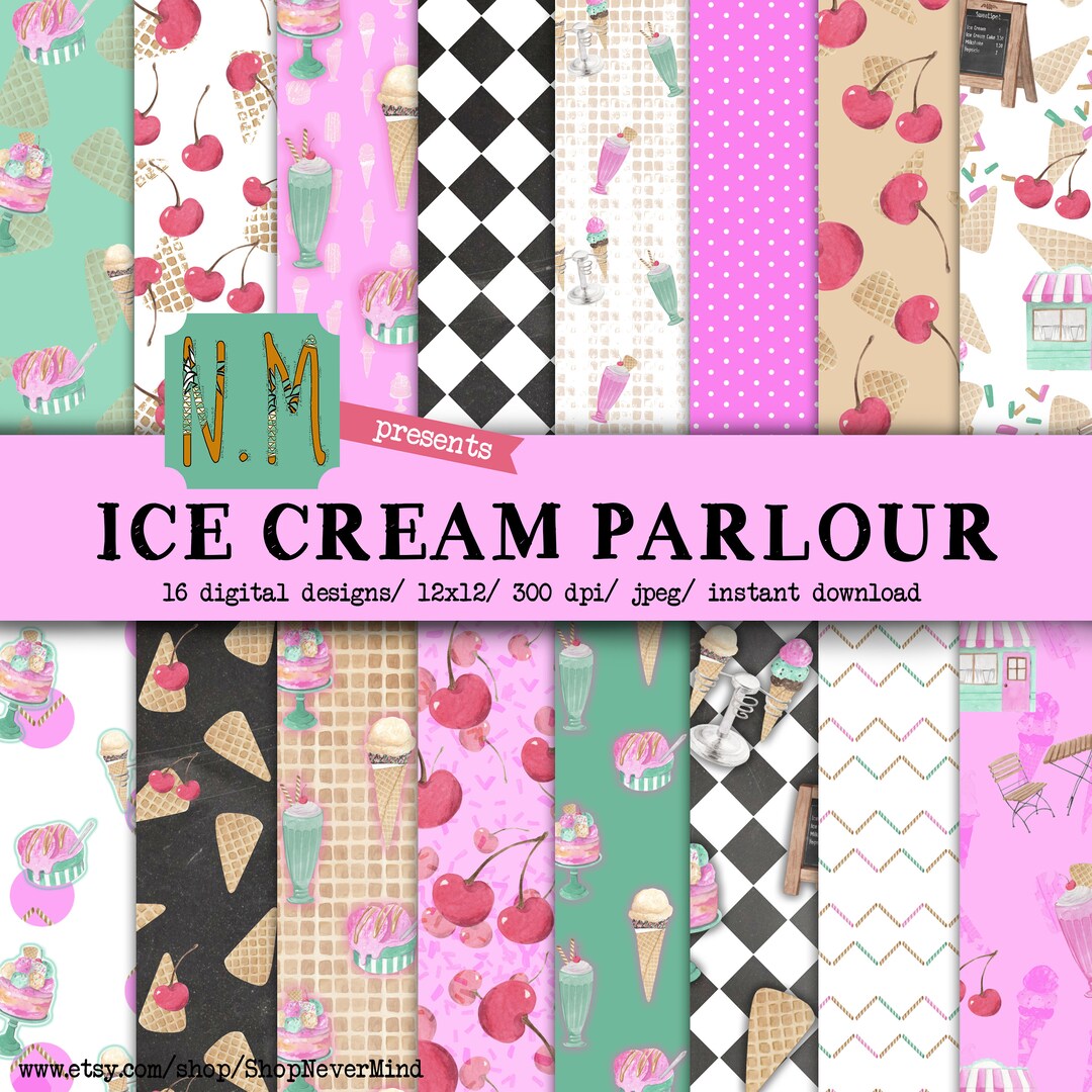 Ice Cream Digital Paper Pack Watercolor Ice Cream Parlour Cute Digital ...