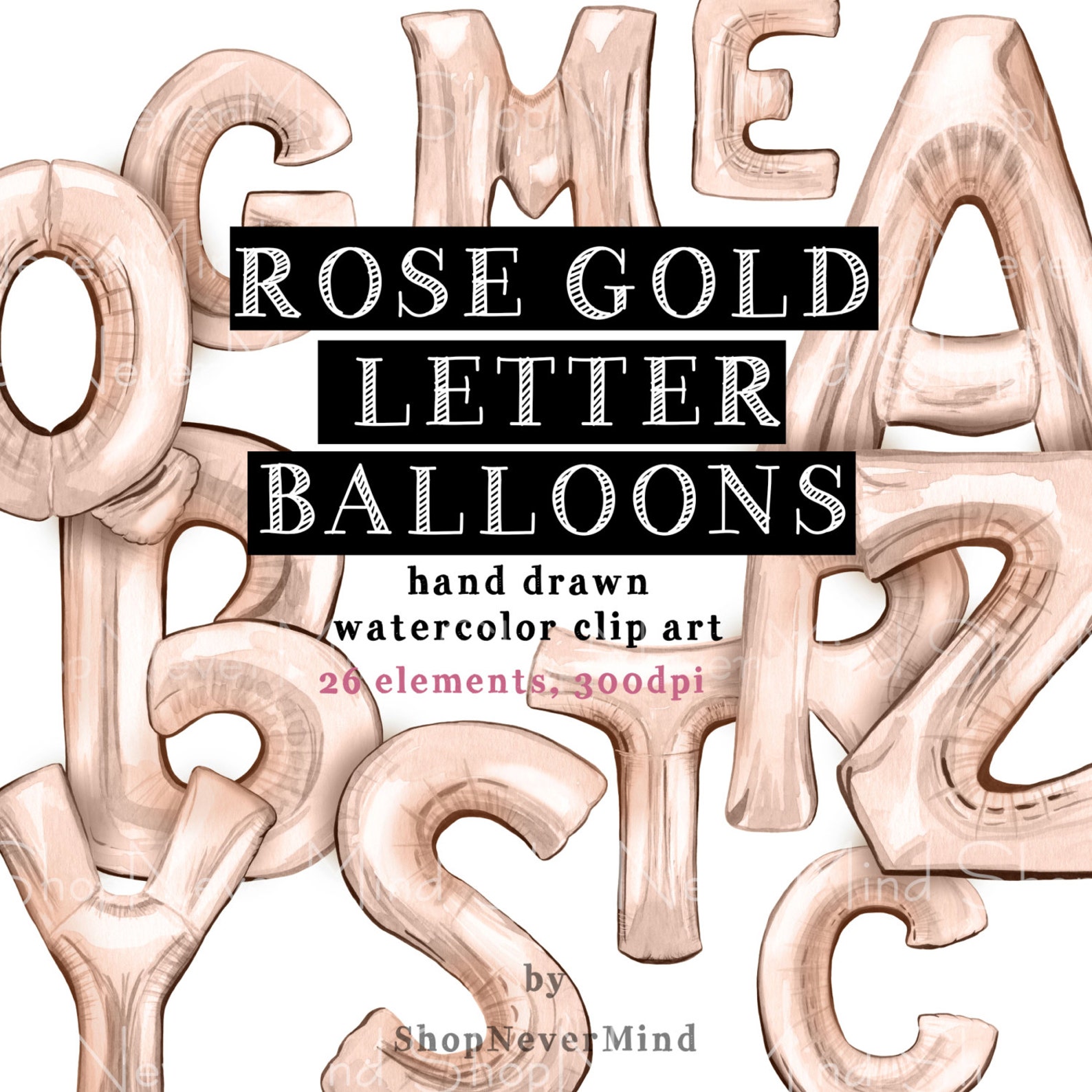 Rose Gold Alphabet Balloons Clip Art Digital Watercolor Rose | Etsy