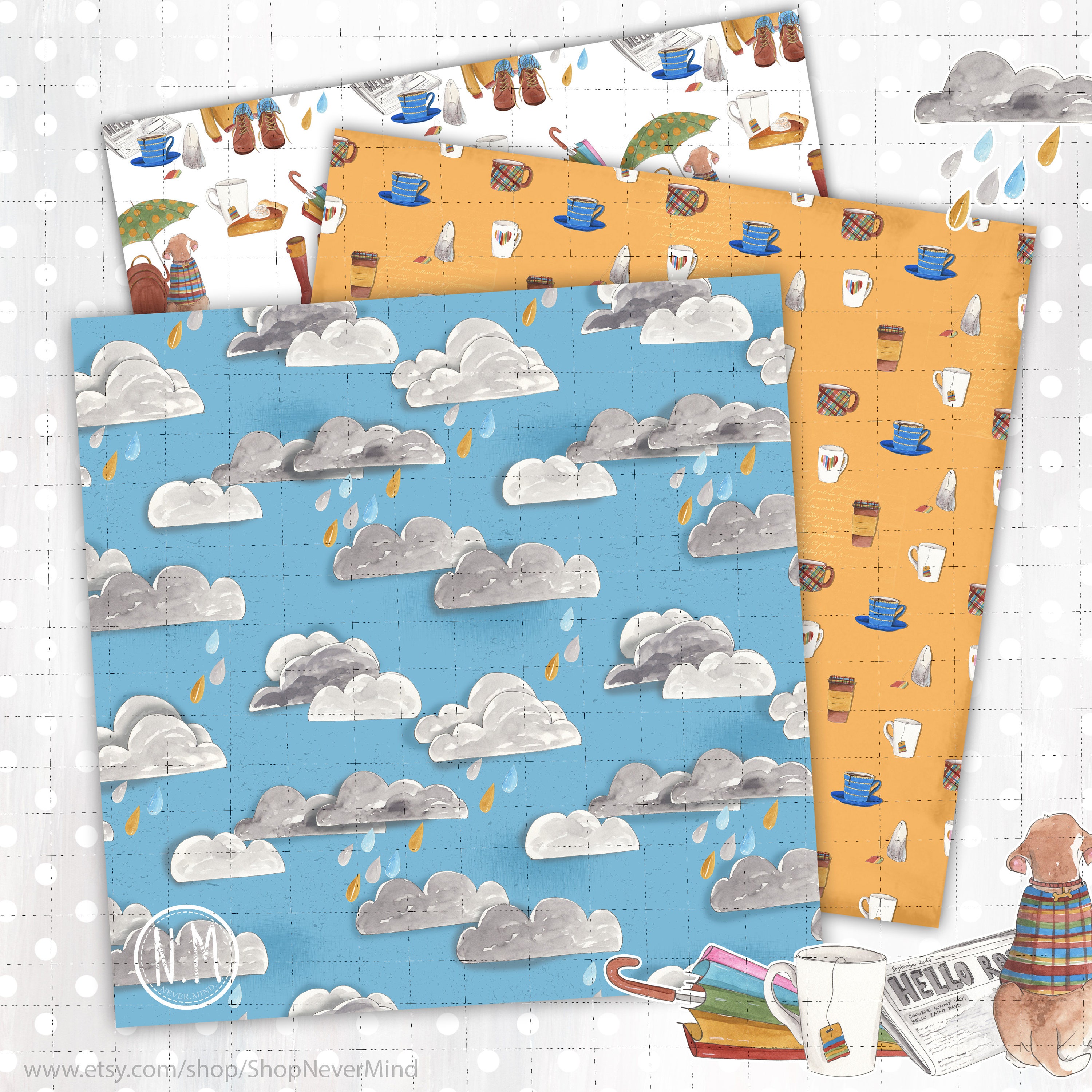 Rainy Days Digital Paper Pack Fall Watercolor Pattern Clouds | Etsy