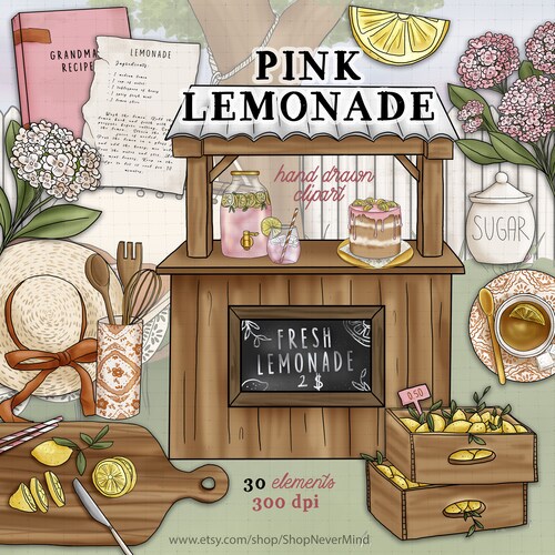 Pink Lemonade Clipart Kit Lemonade Stand Digital Clip Art - Etsy