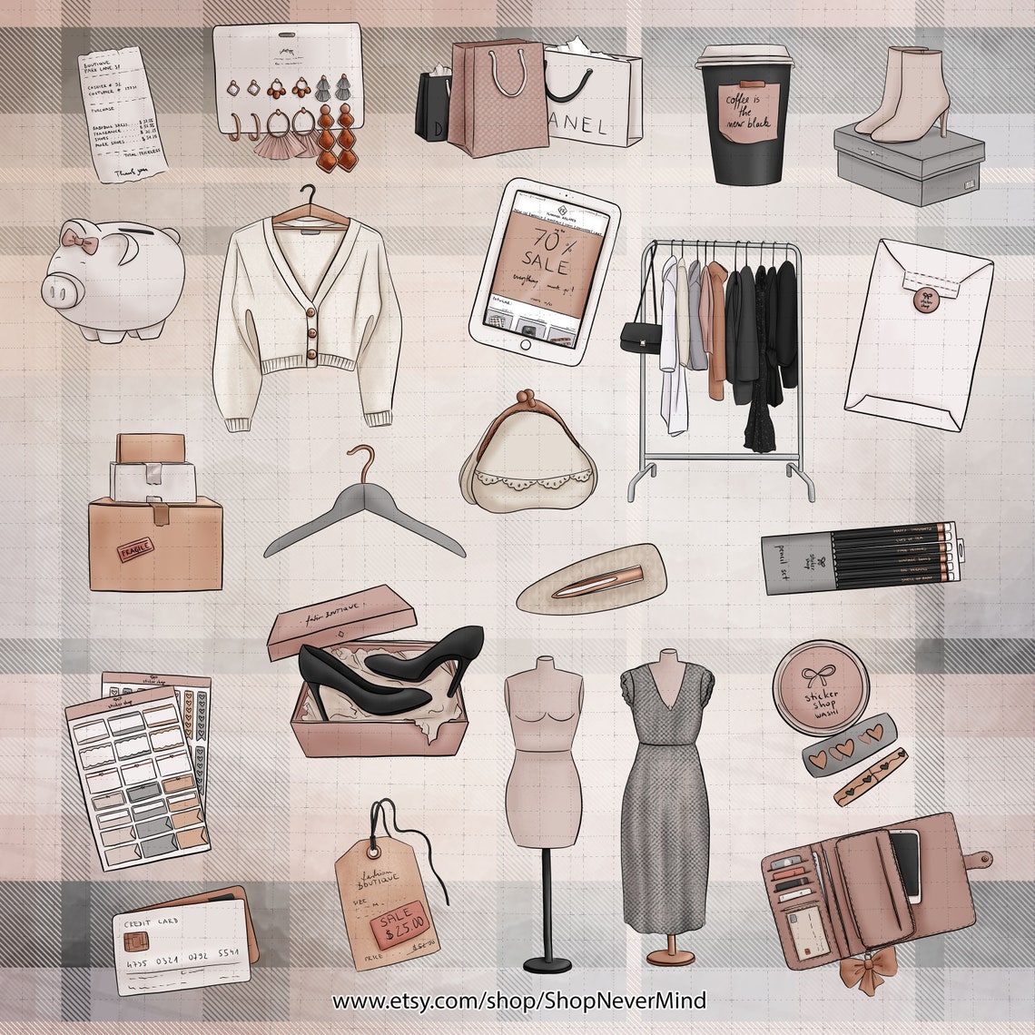 Shopping Clipart Kit Commercial Use Fall Fashion Clipart Black - Etsy