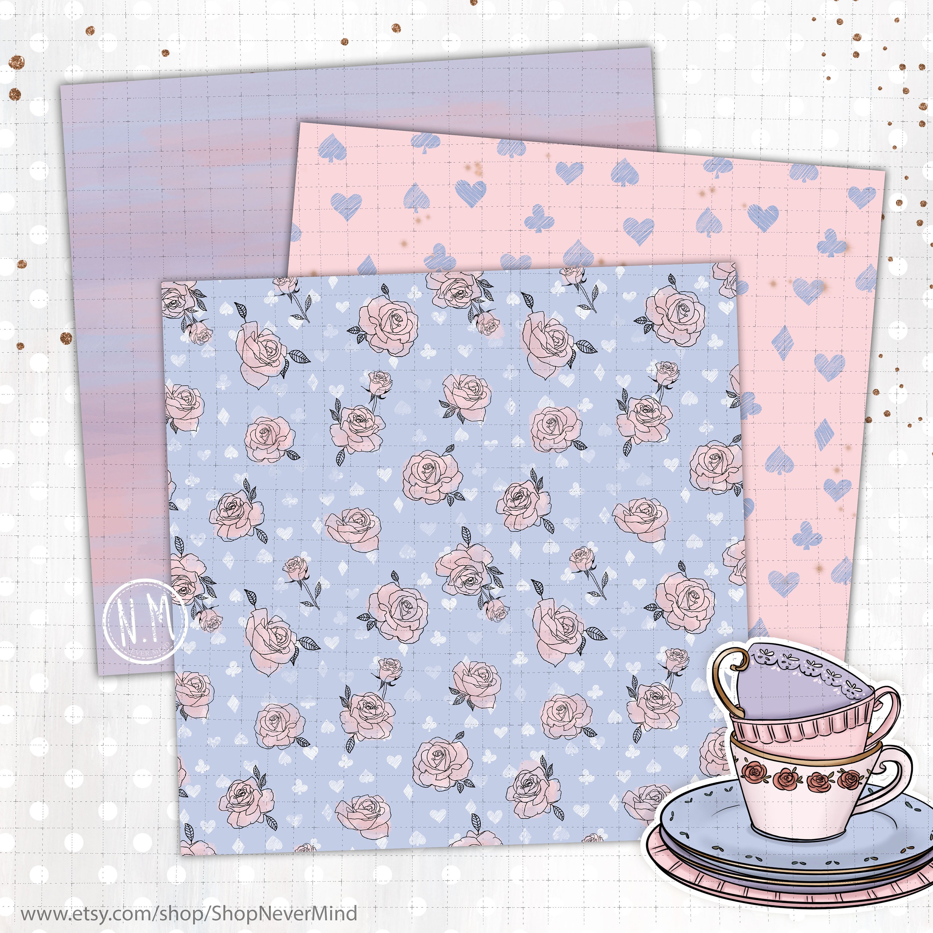 Tea Party Digital Paper Pack Pink Tea Party Digital Pattern - Etsy