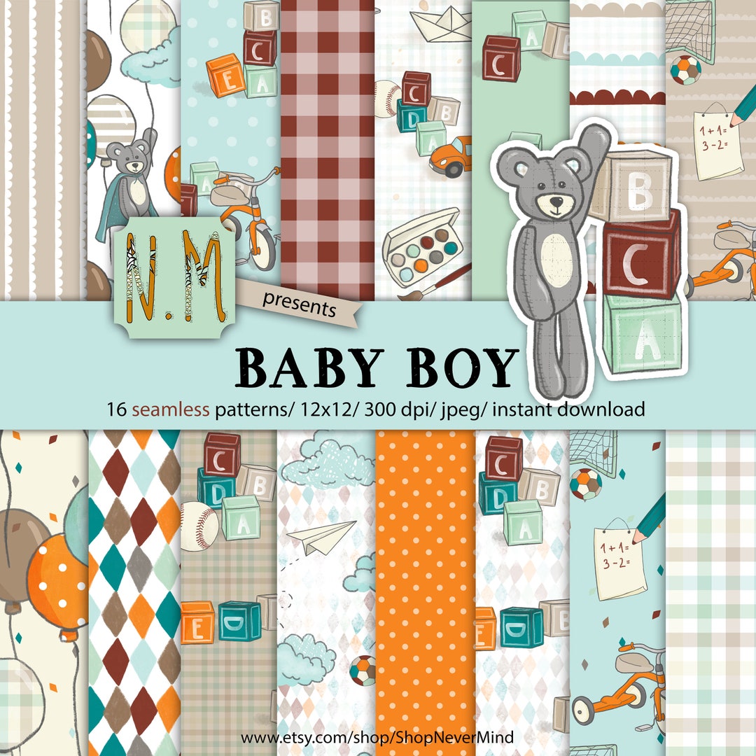 Baby Boy Digital Paper Pack Nursery Baby Shower Digital Pattern ...