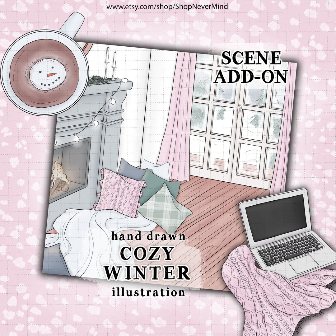 Winter Scene Illustration Cozy Fireplace Scene Commercial Use Cozy ...