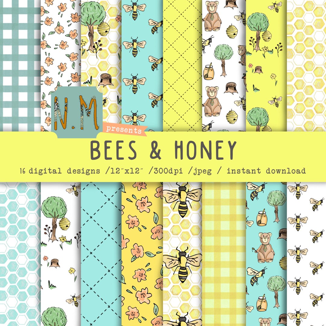 Bees Digital Paper Pack Bees and Honey Digital Pattern Turquoise Blue ...