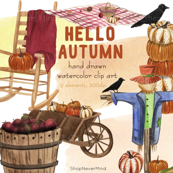 Fall Clip Art Set Watercolor Autumn Clipart Kit With Orange | Etsy