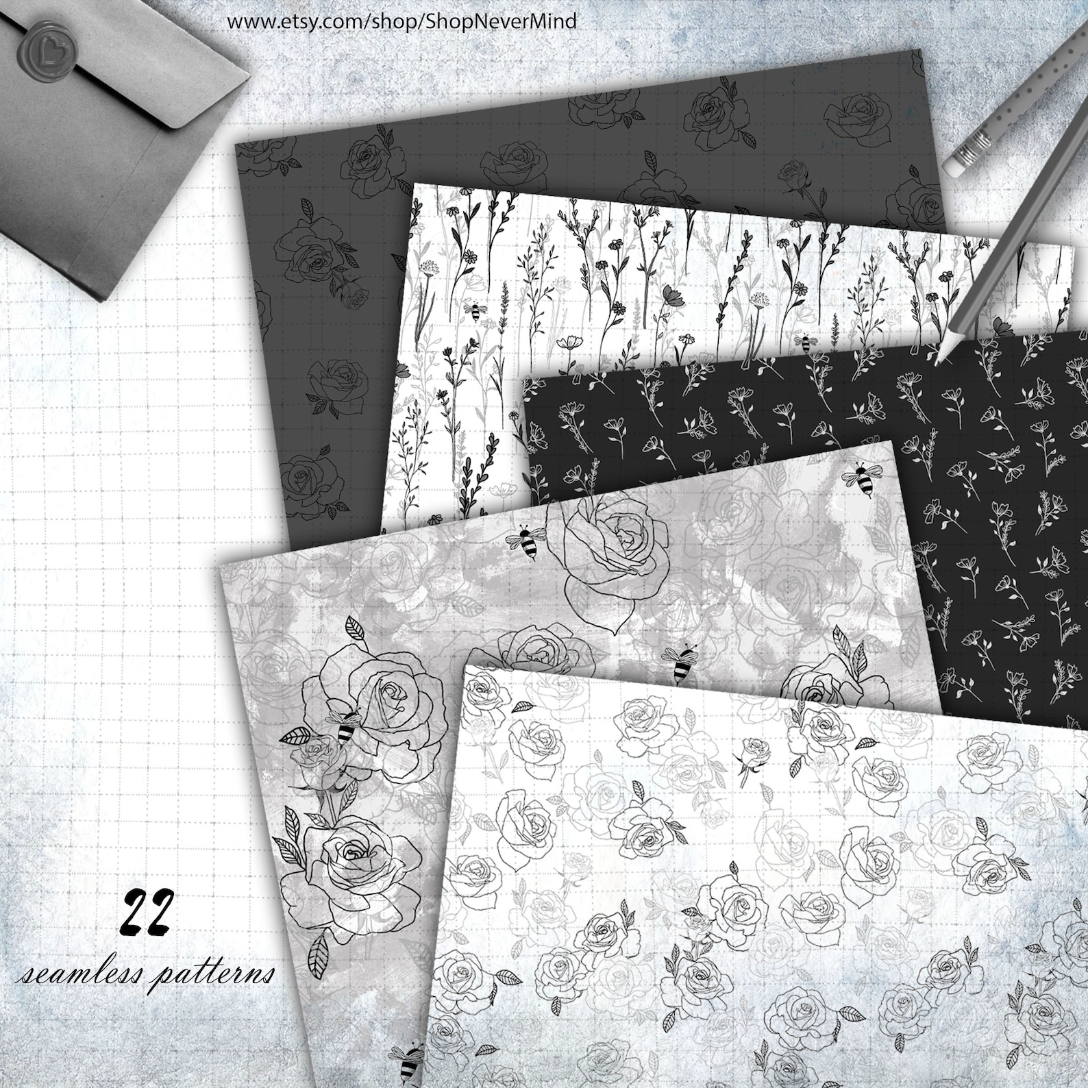 Black and White Flowers Digital Paper Pack Commercial Use - Etsy