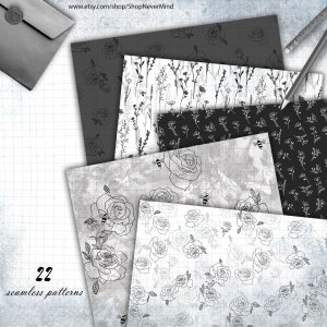 Black and White Flowers Digital Paper Pack Commercial Use Floral ...