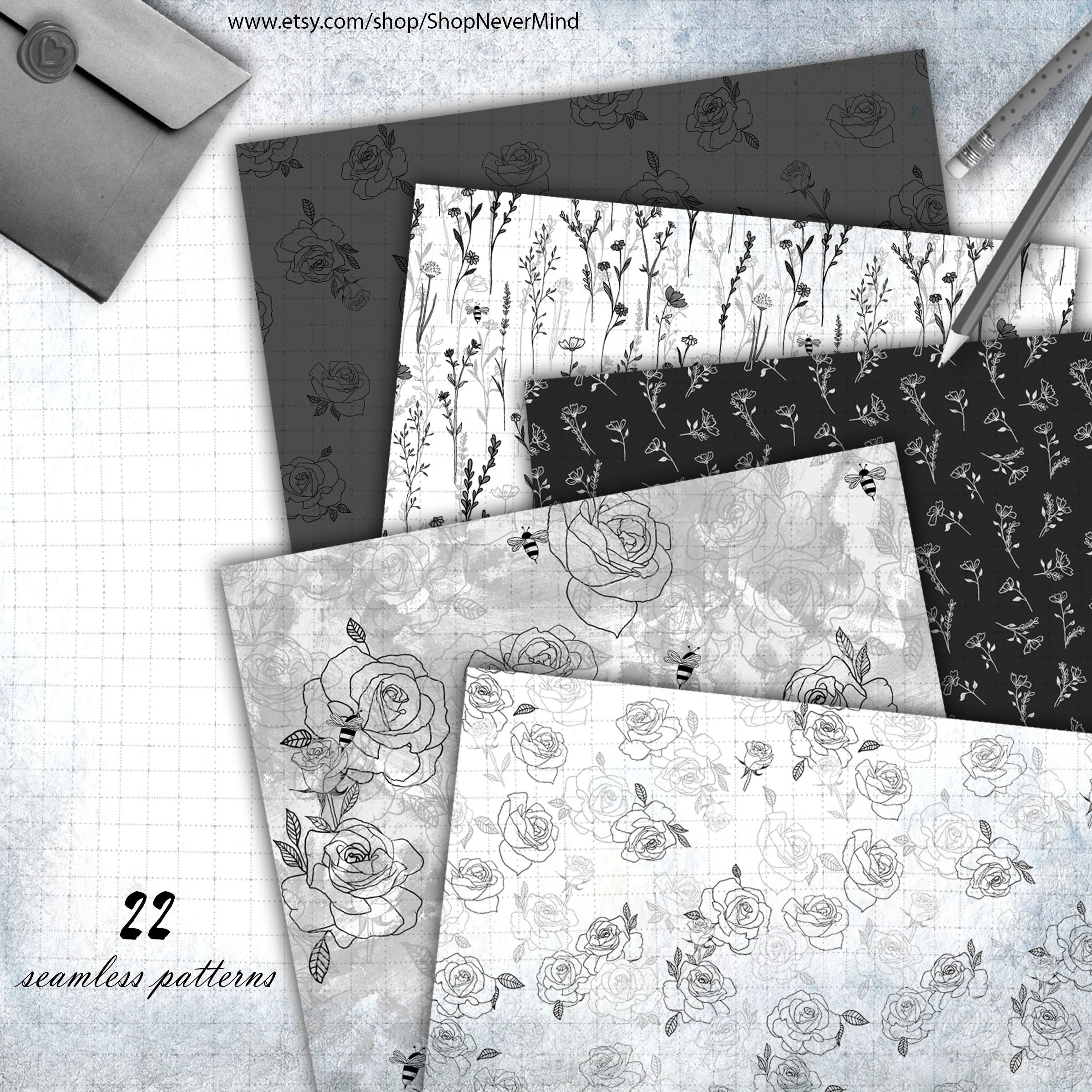 Black and White Flowers Digital Paper Pack Commercial Use - Etsy
