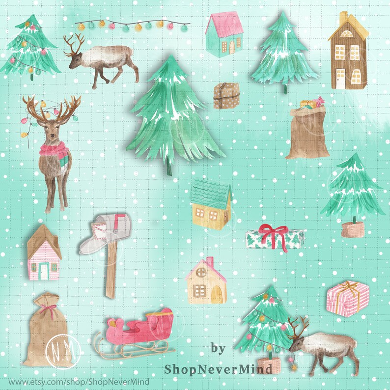 Christmas Clip Art Set Watercolor Christmas Tree Reindeer - Etsy
