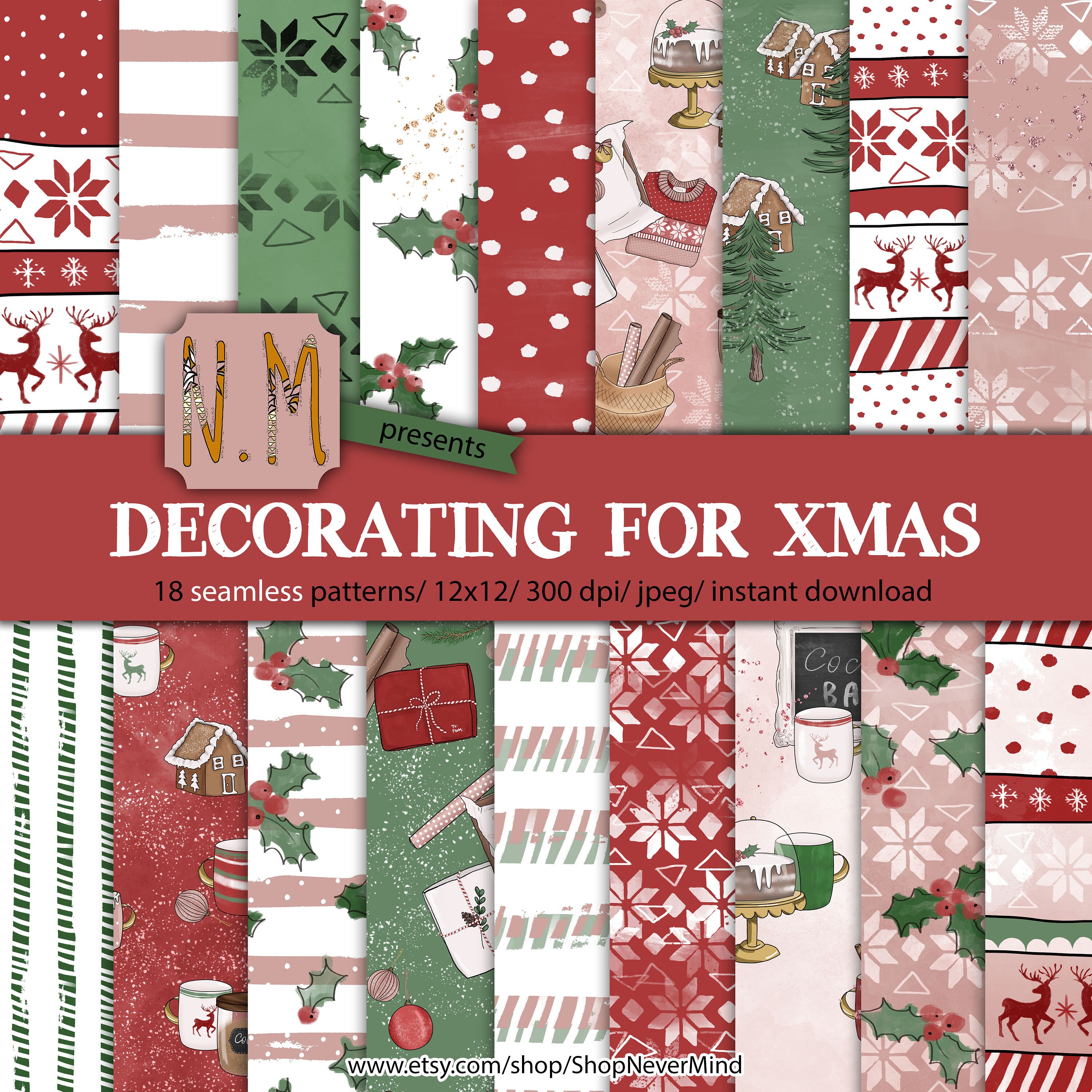 Christmas digital paper pack decorating for christmas classic | Etsy