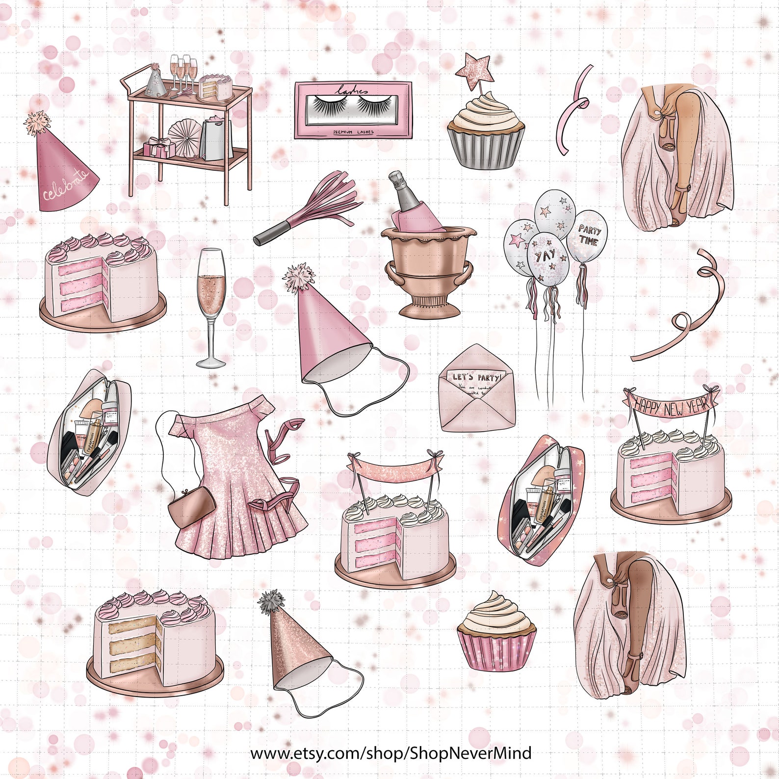 Birthday Clipart Kit Pink Birthday Party Clipart Rose Gold - Etsy