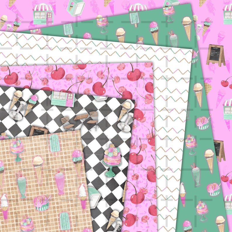 Ice Cream Digital Paper Pack Watercolor Ice Cream Parlour Cute - Etsy