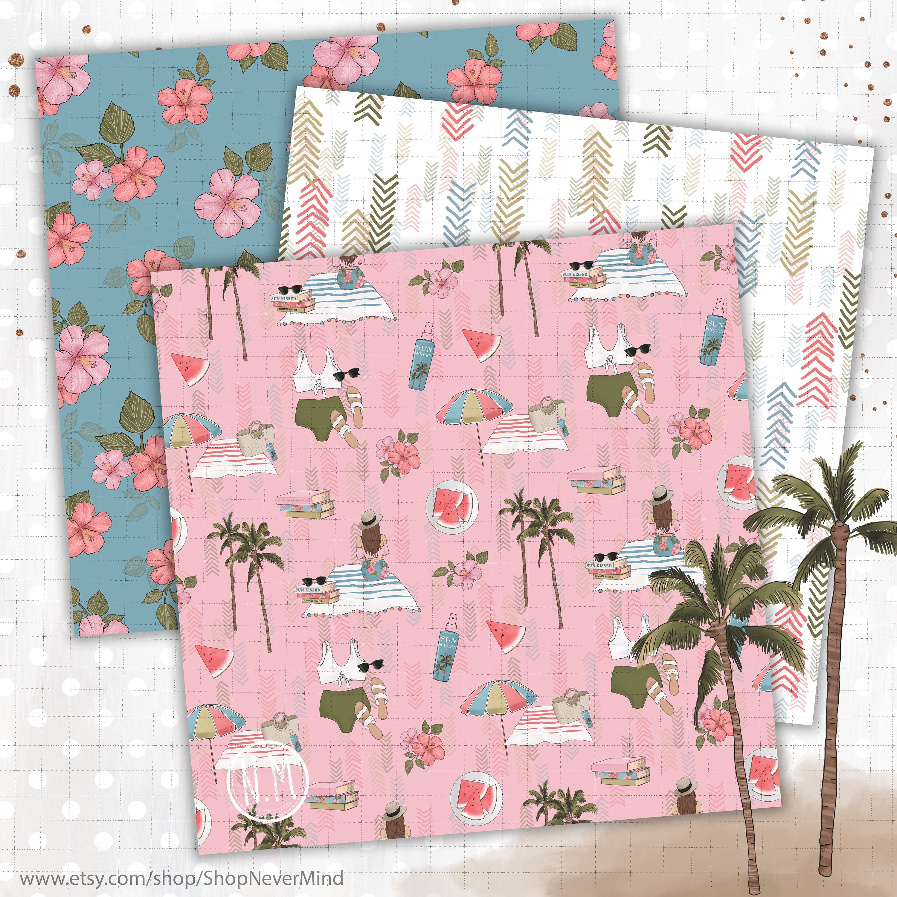 Summer Digital Paper Pack Beach Palm Trees Watermelon Fashion | Etsy