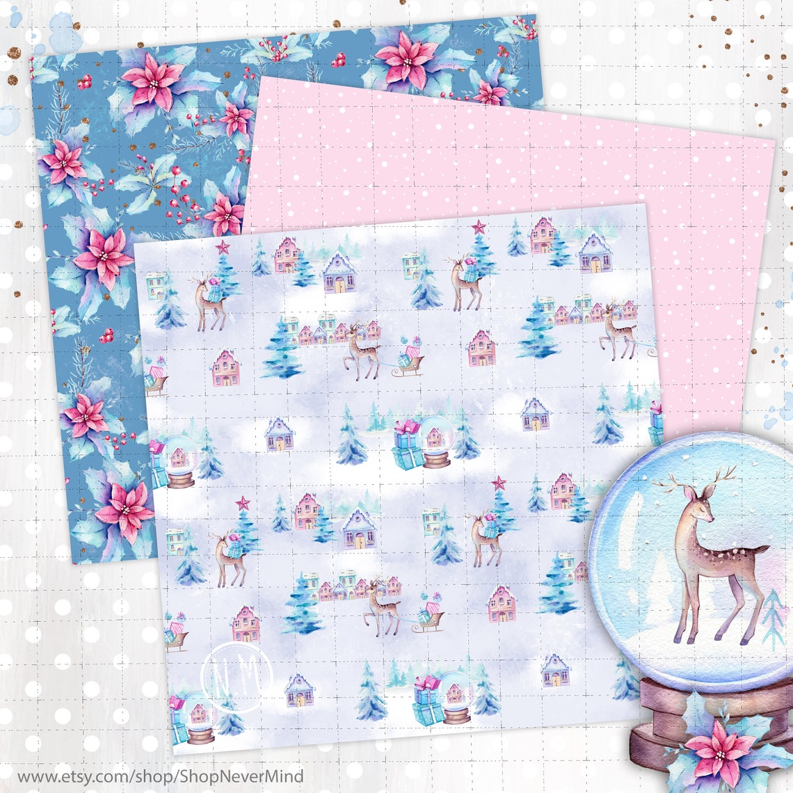 Pink Christmas Digital Paper Pack Snowglobe Winter Digital Pattern ...